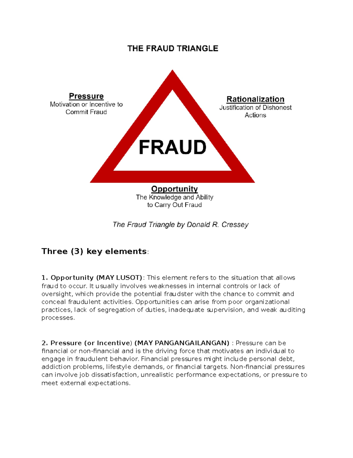 The triangle of fraud - Three (3) key elements: Opportunity (MAY LUSOT ...