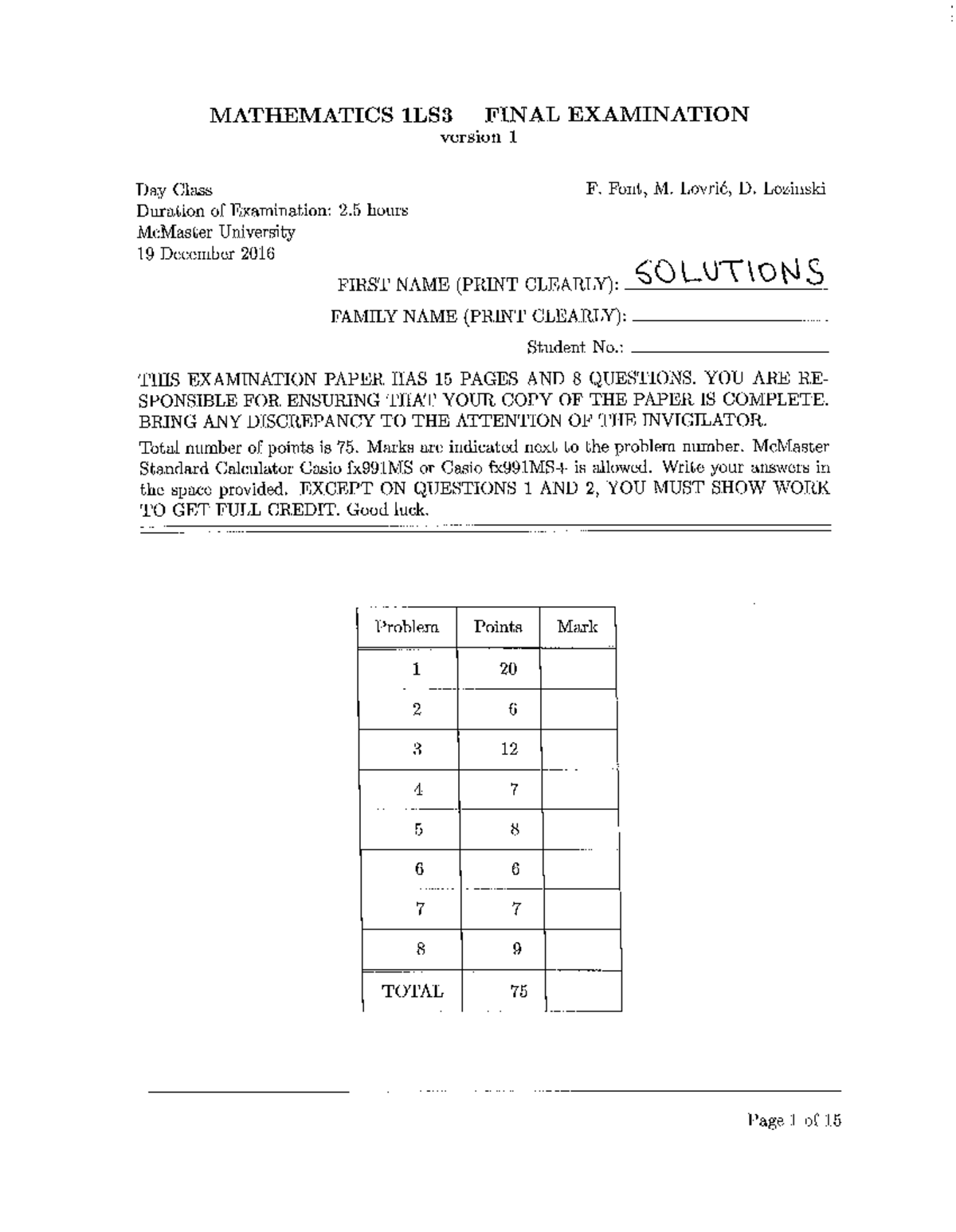 Fall Exam Solutions - Math 1Ls3 - Studocu