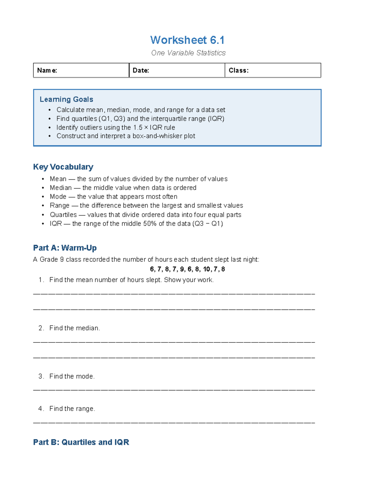 Grade 9 Unit 6 Statistics Worksheets: One Variable Stats & Scatter ...