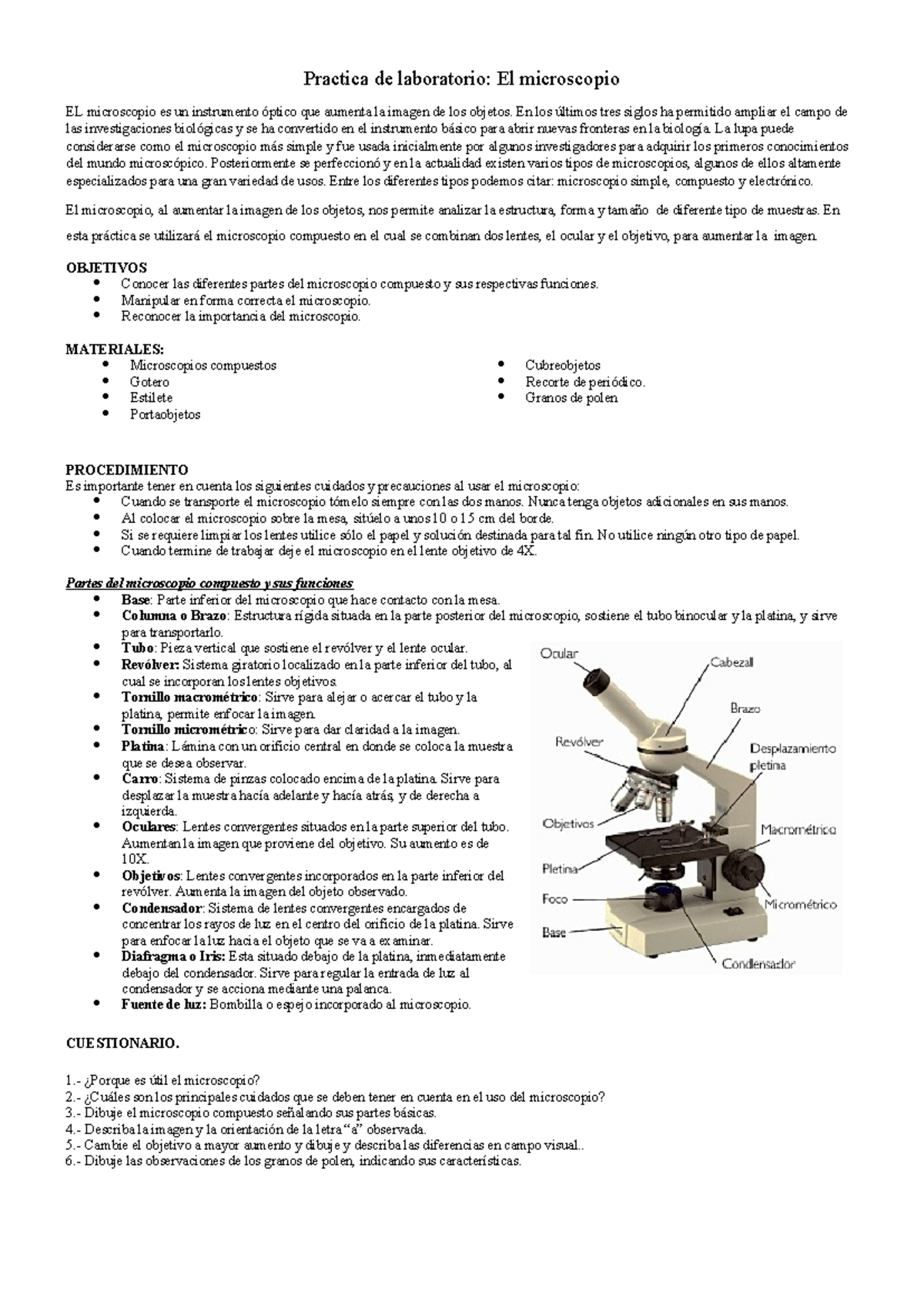 Partes y Funciones del Microscopio Compuesto - Práctica de Lab. - Studocu