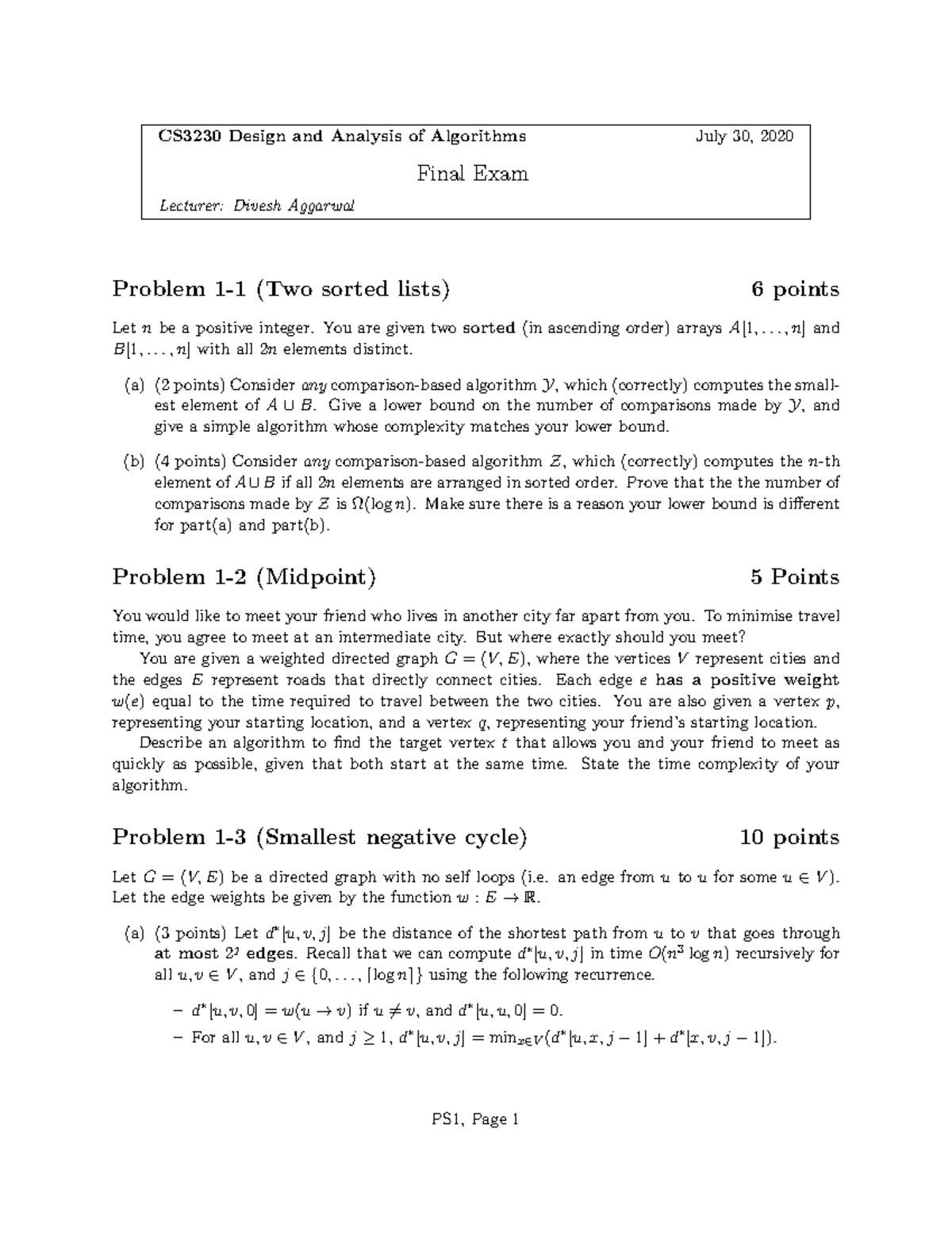 1940SEM3-CS3230 Final Exam Review - Design and Analysis of Algorithms ...