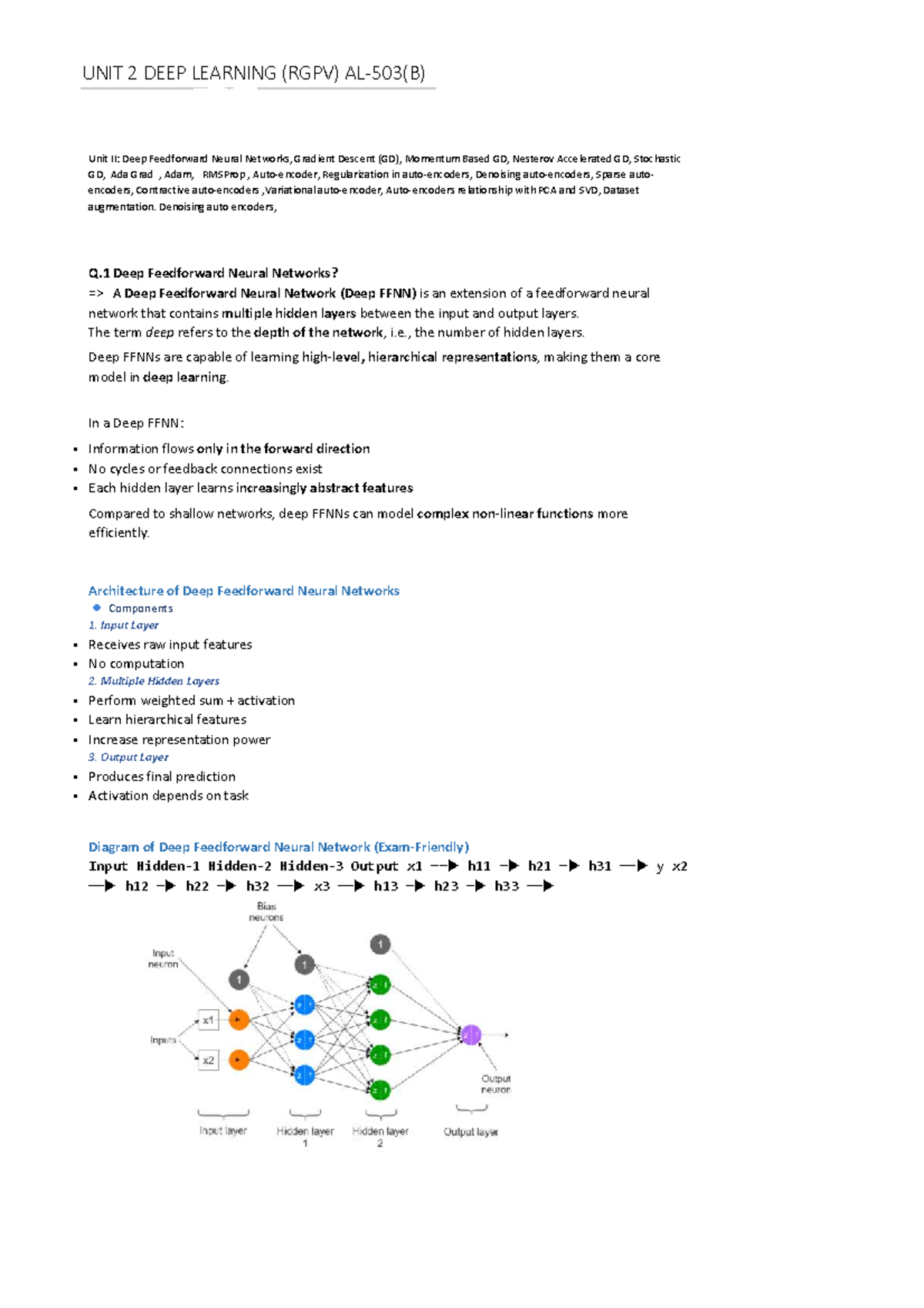 UNIT 2 Deep Learning: Deep Feedforward Networks & Optimization Techniques (RGPV) - Studocu