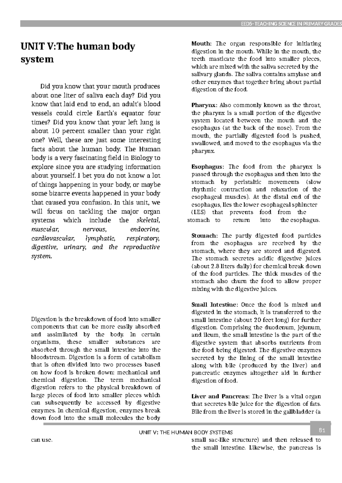 EED 5 UNIT V: Exploring the Human Body Systems in Primary Science - Studocu