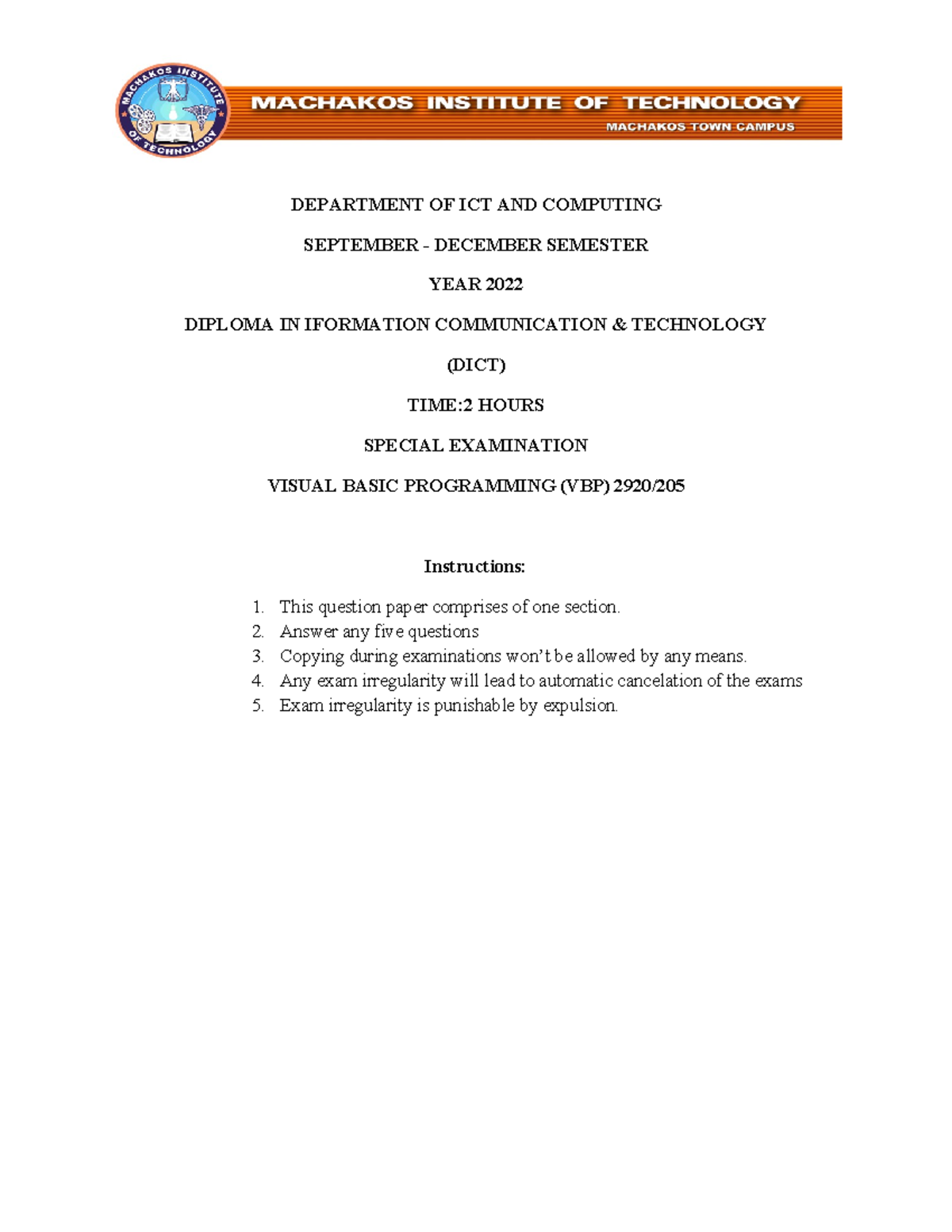 VBP Special Exam Practicals - DICT September 2022 - Studocu