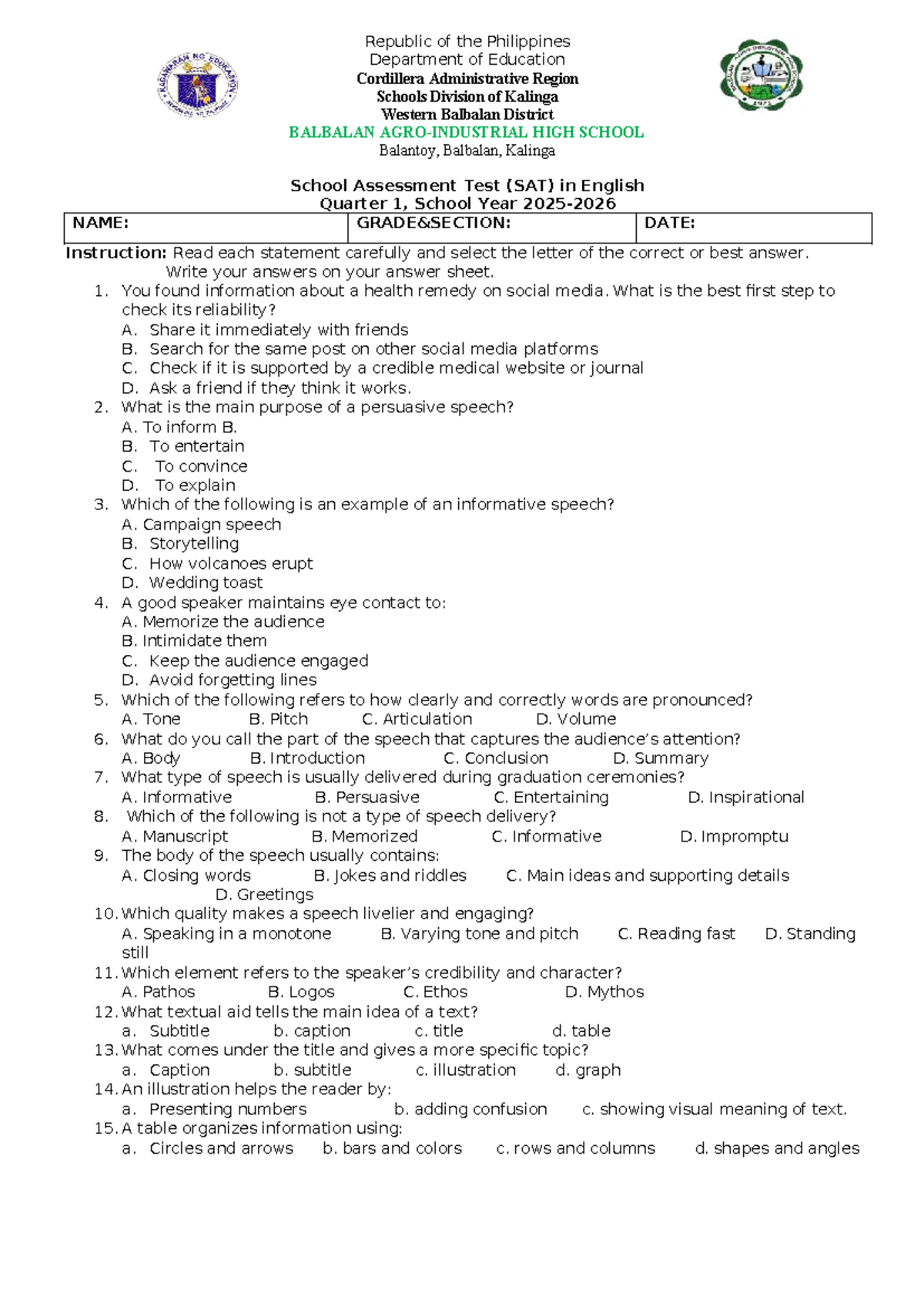 Grade 10 English 1st Quarter Exam: School Assessment Test (SAT) - Studocu