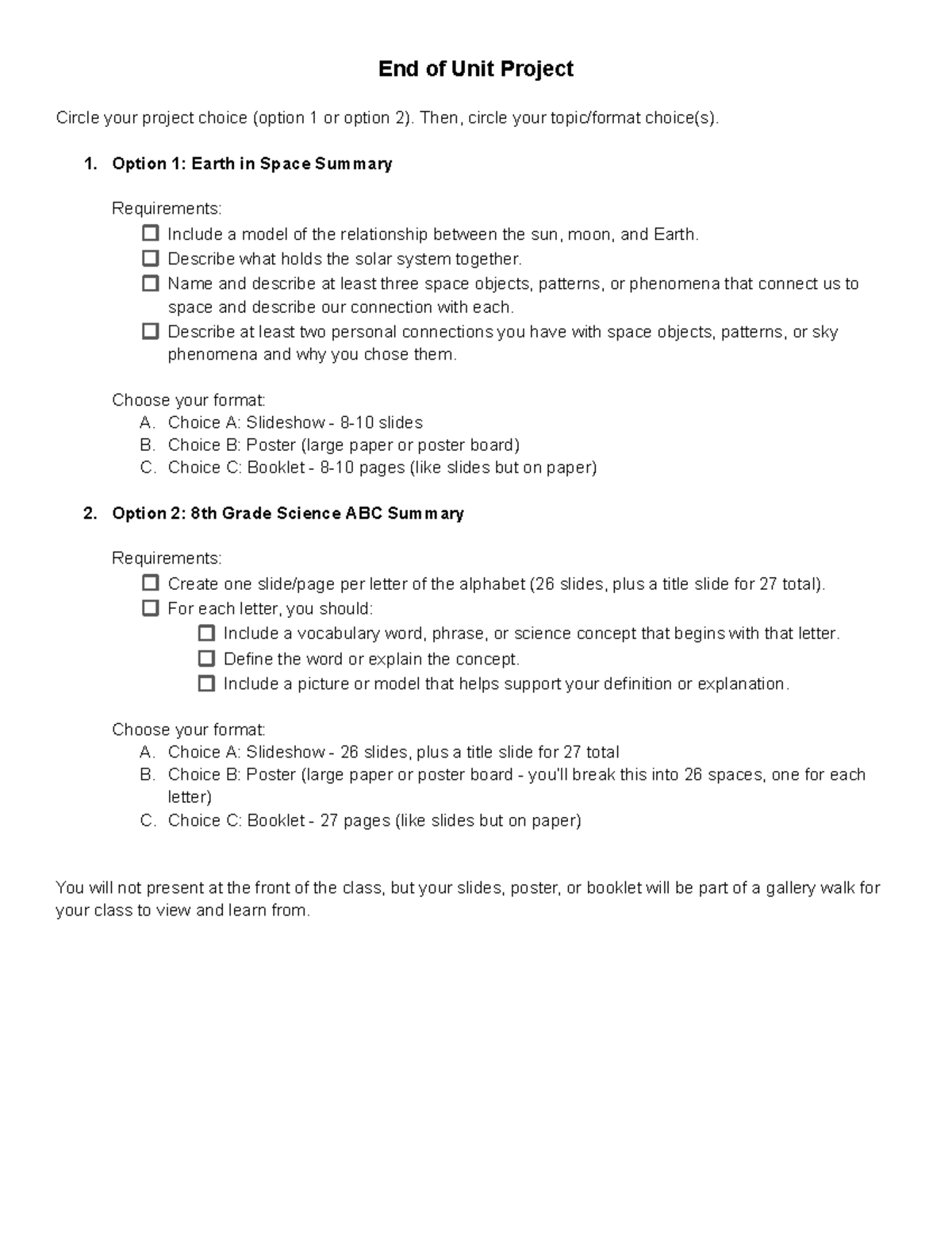 8th Grade Science End of Unit Project Rubric: Earth in Space & ABCs ...