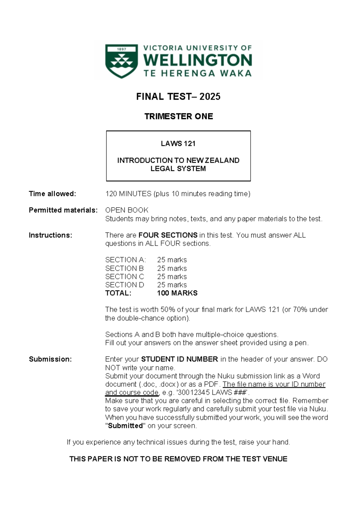 FINAL TEST – LAWS 121: Introduction to New Zealand Legal System - Studocu