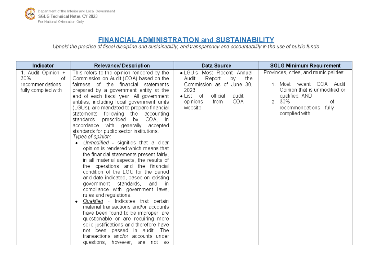 Department of the Interior and Local Government SGLG Technical Notes ...
