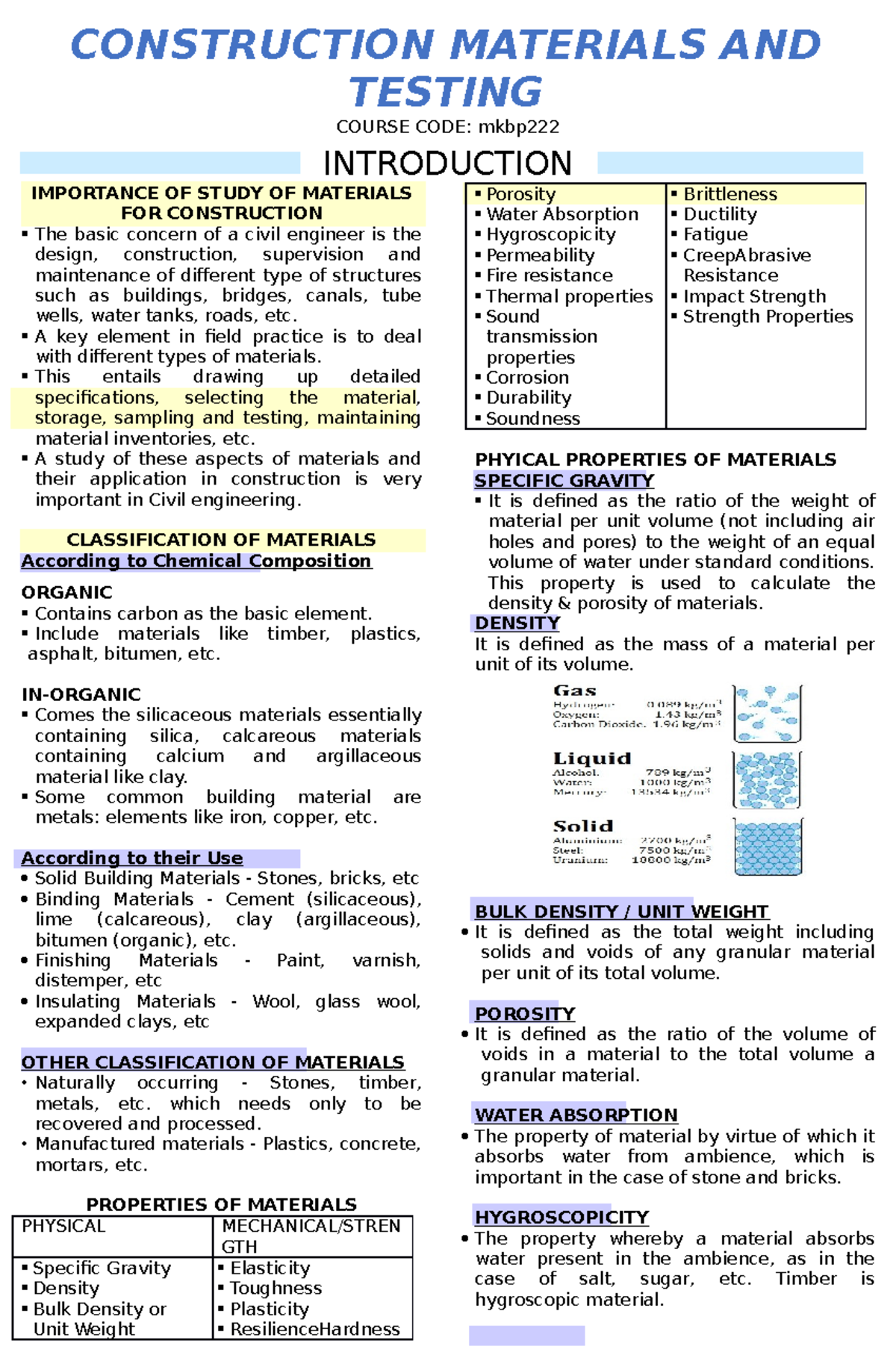 Construction Materials and Testing Notes (Course Code: MKBP) - Studocu