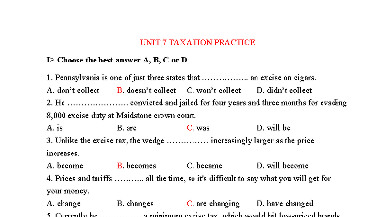 UNIT 7 TAXATION PRACTICE: Multiple Choice Questions - Studocu