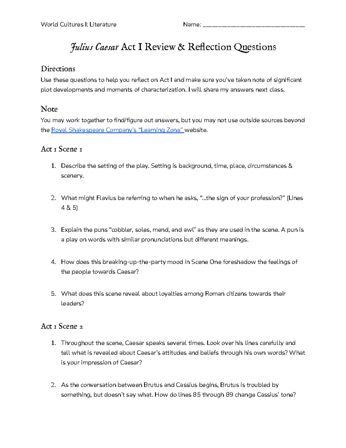 World Cultures I: Julius Caesar Act I Review & Reflection Questions ...