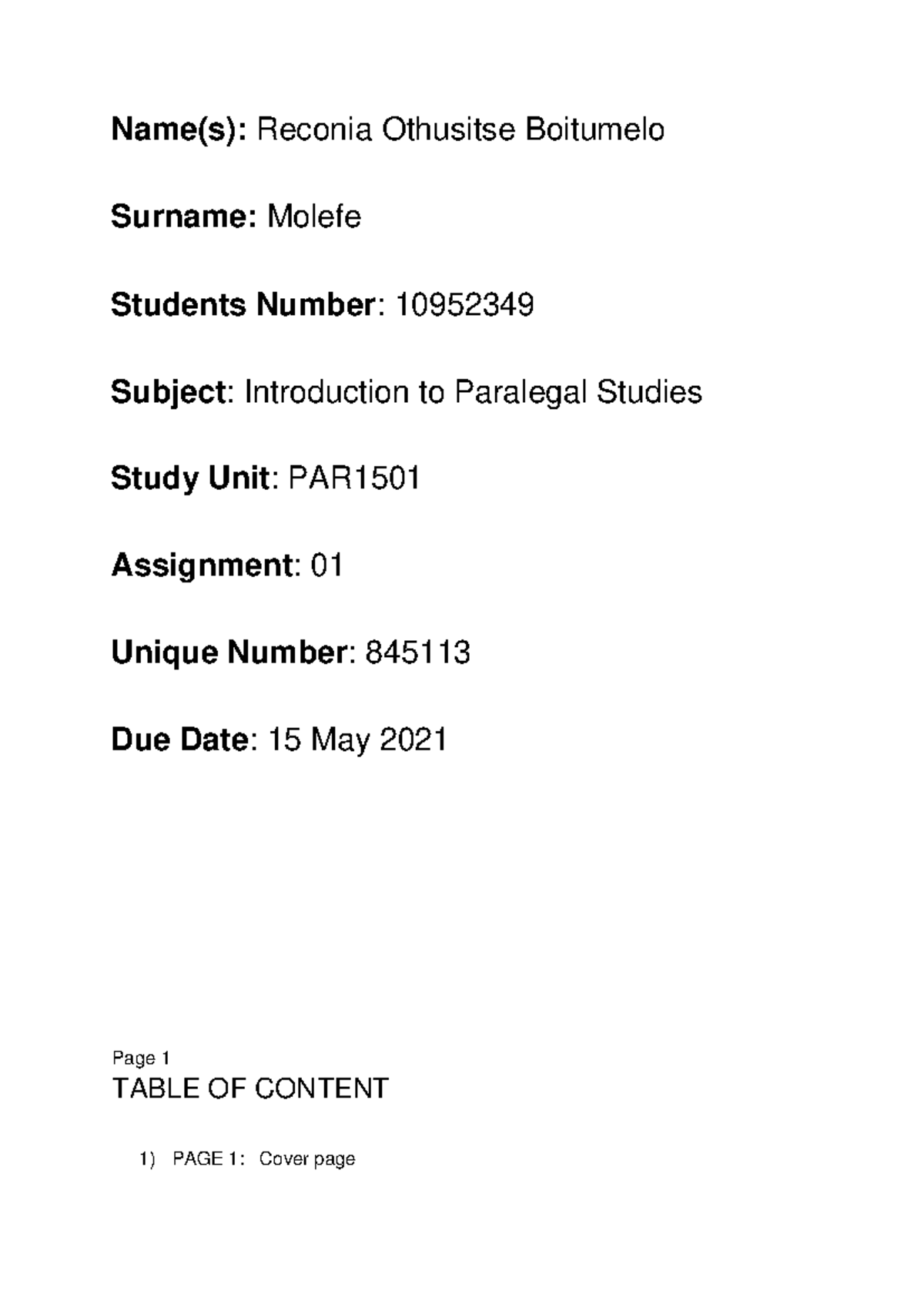 10952349 PAR1501 01 - paralegal 1501 first assignment - Name(s ...