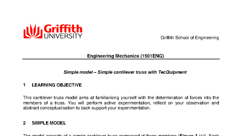 Griffith School of Engineering (1501ENG) Simple Cantilever Truss ...
