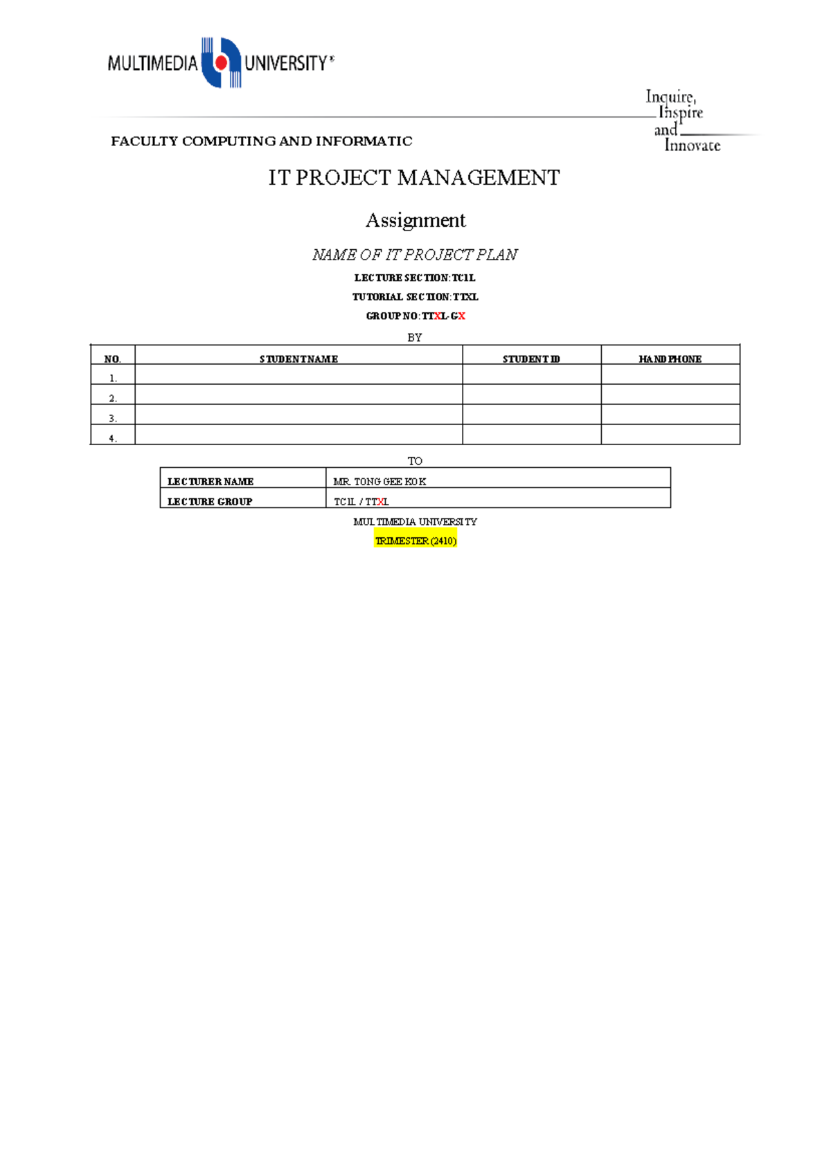 Assignment-(Cover Page) - IT Project Management Method and Tools - CIT ...