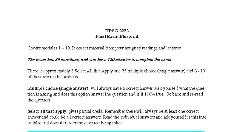 NRSG 2222 Final Exam Blueprint: Modules 1-10 Overview - Studocu