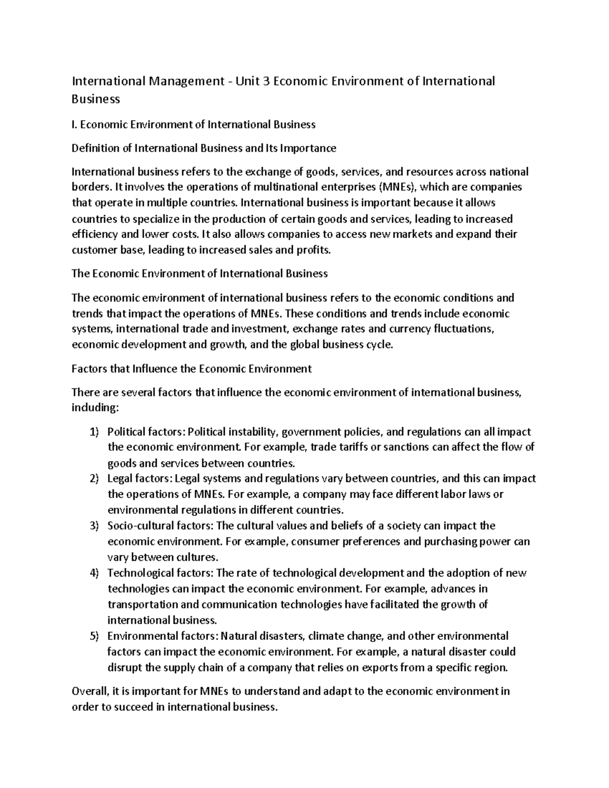 Unit 3 Economic Environment of International Business - Economic ...
