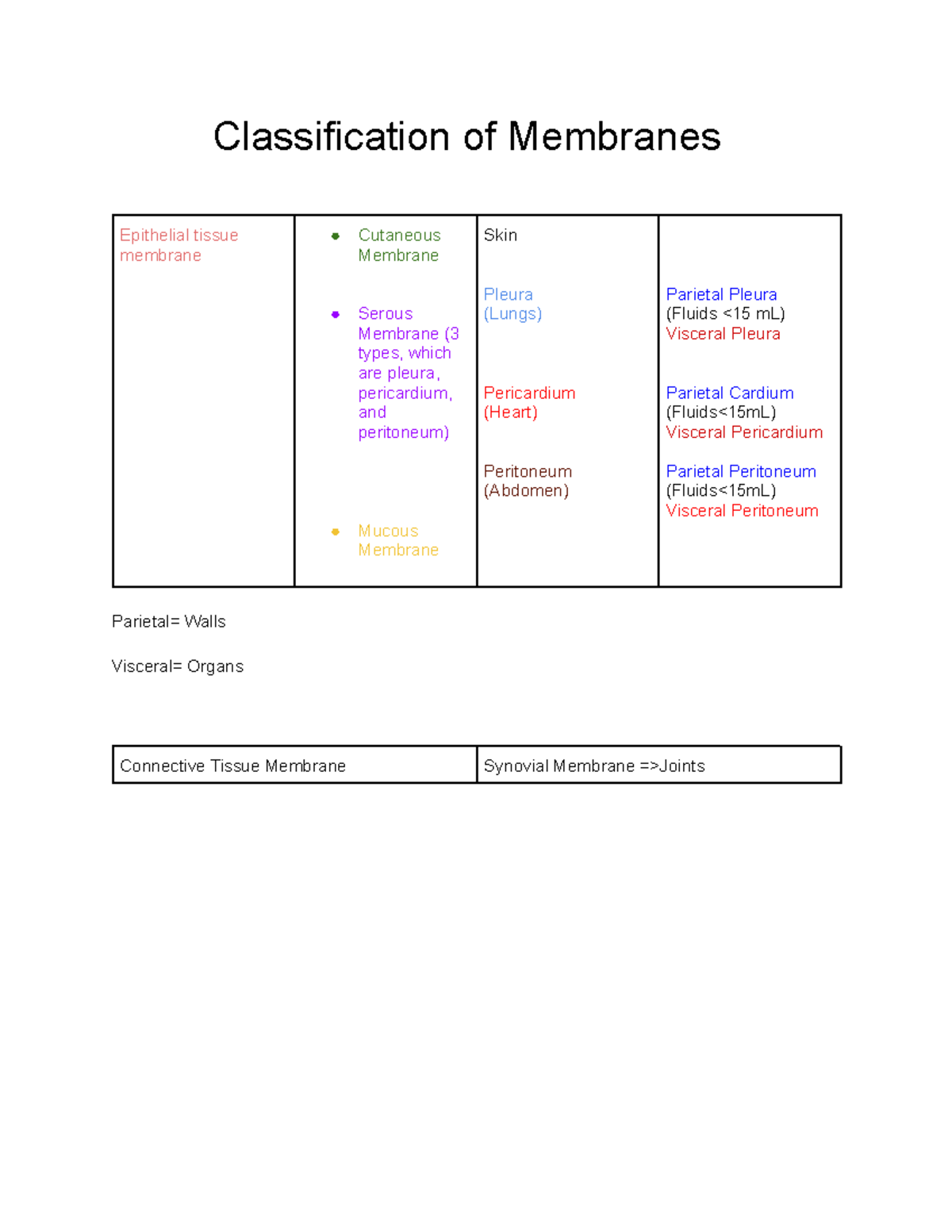 Classification - The Heart - Classification of Membranes Epithelial ...
