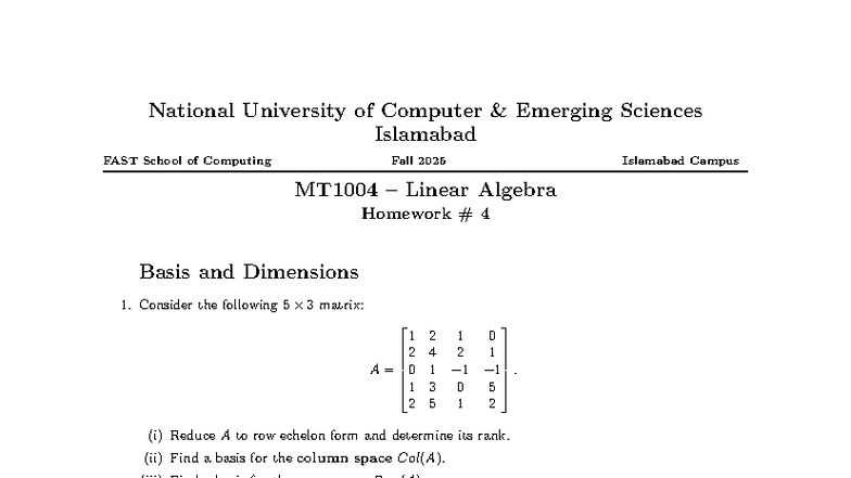 MT1004 Linear Algebra Homework 4: Basis and Dimensions Analysis - Studocu