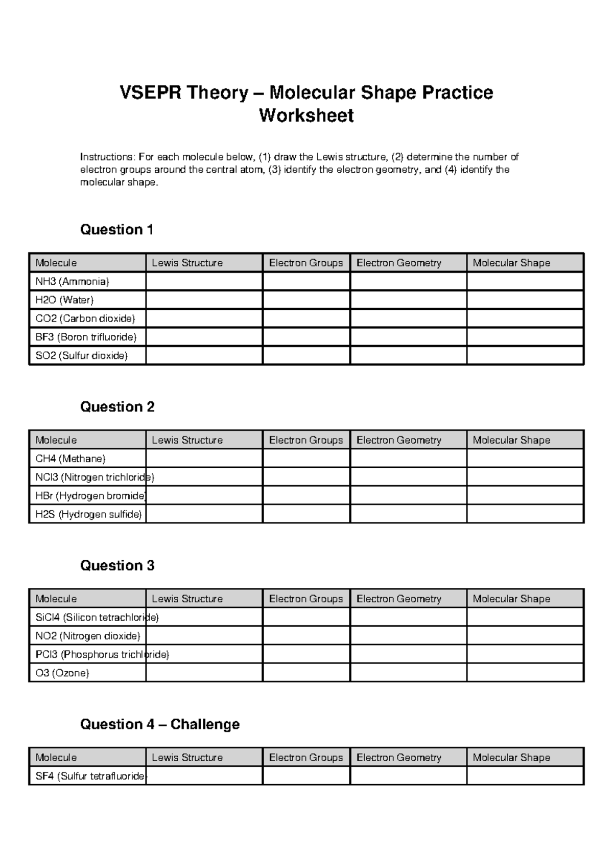 VSEPR Theory Molecular Shape Practice Worksheet - Studocu