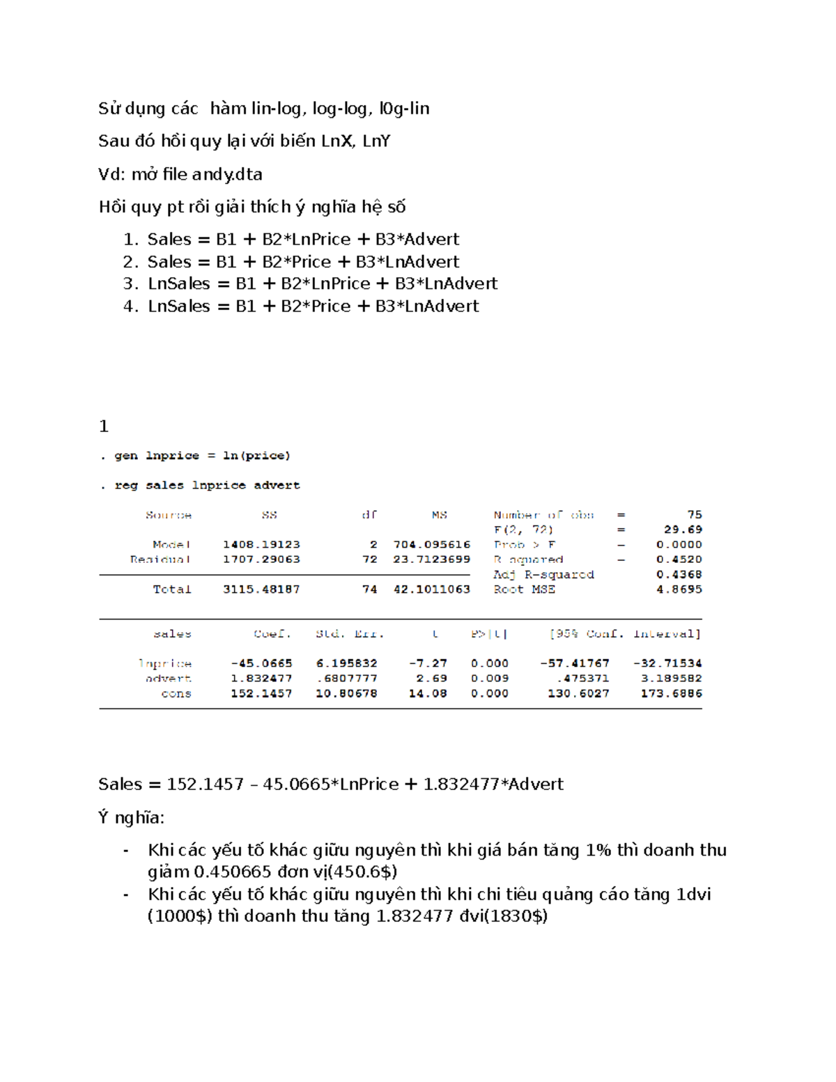 Hồi Quy Log Lin: Phân Tích Doanh Thu và Biến Giả trong Dữ Liệu - Studocu