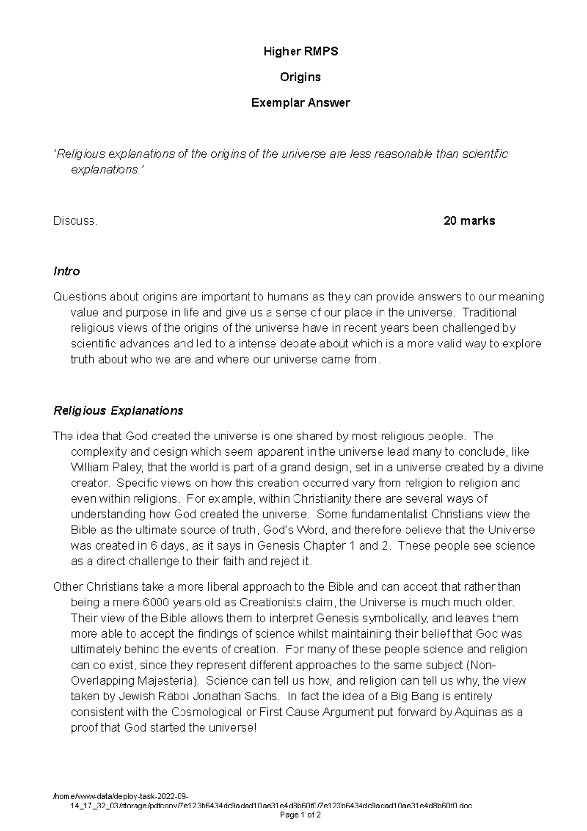 Higher RMPS 20 Marks Exemplar Response on Origins Debate - Studocu