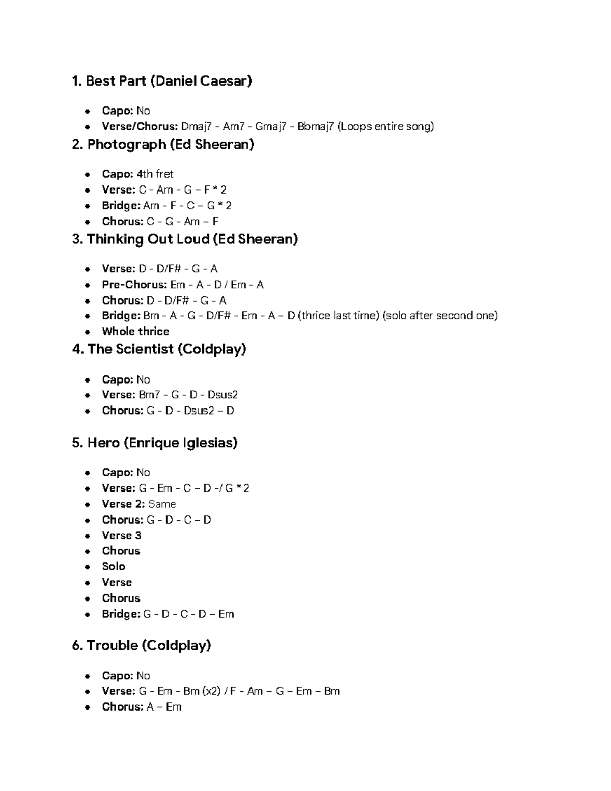 Setlist Sequence for Guitar Songs: Chords & Capo Info - Studocu