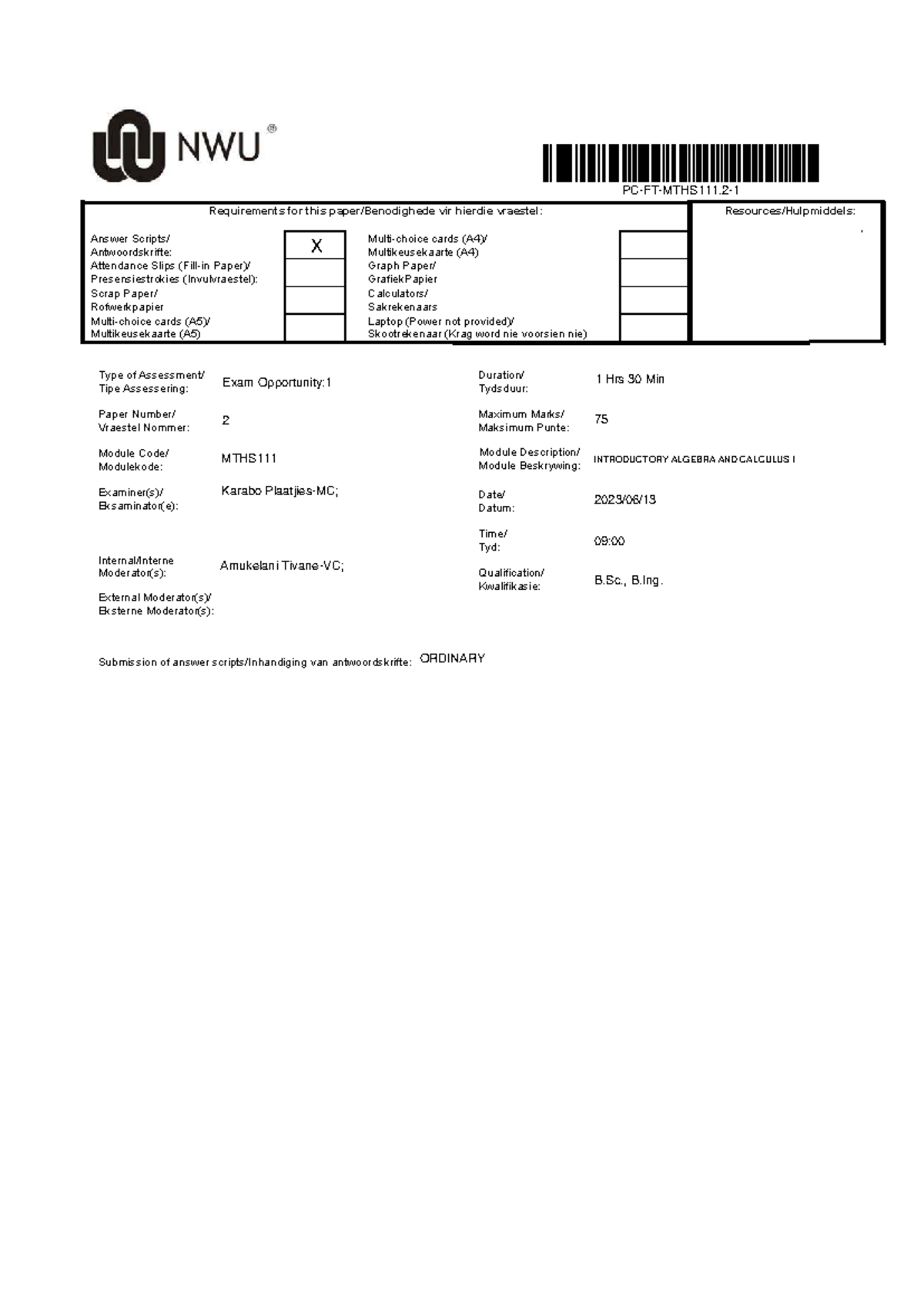 MTHS111.2-1: Introductory Algebra & Calculus I Exam Paper 2 - Studocu