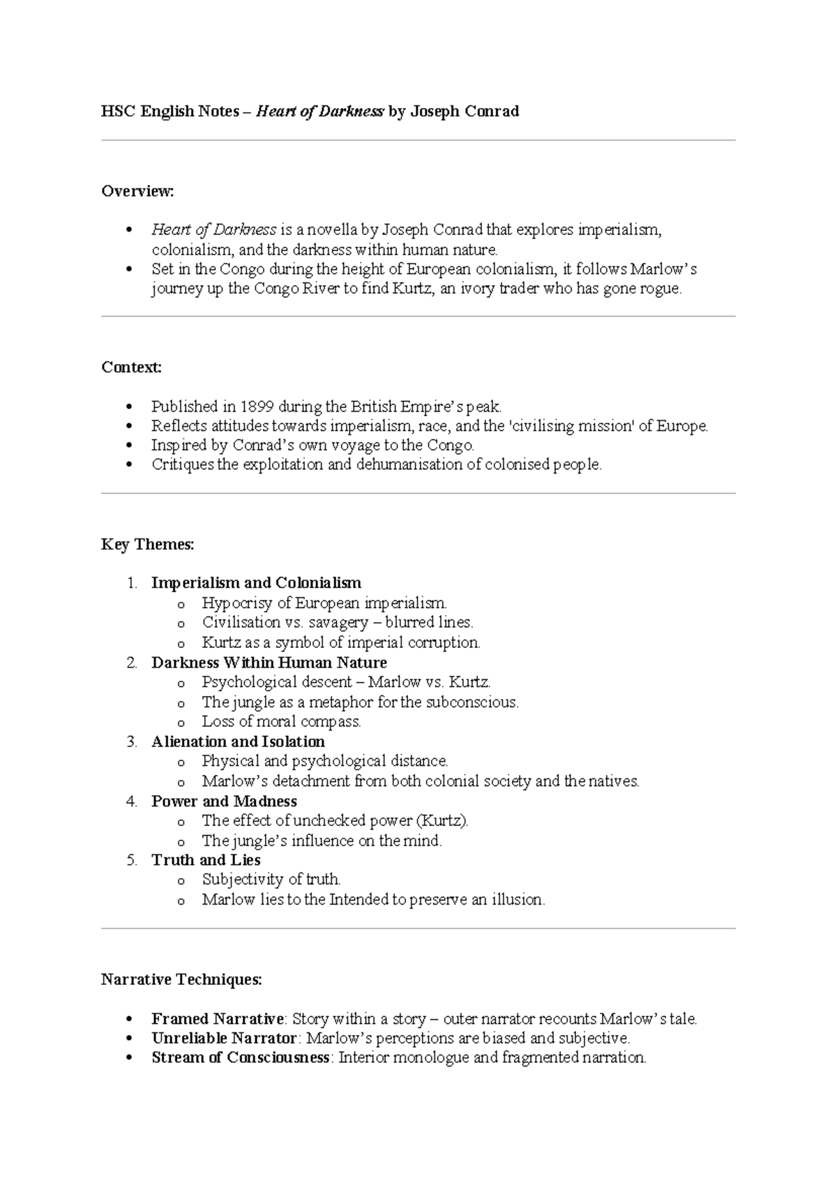 HSC English notes: Overview of Heart of Darkness by Joseph Conrad - Studocu