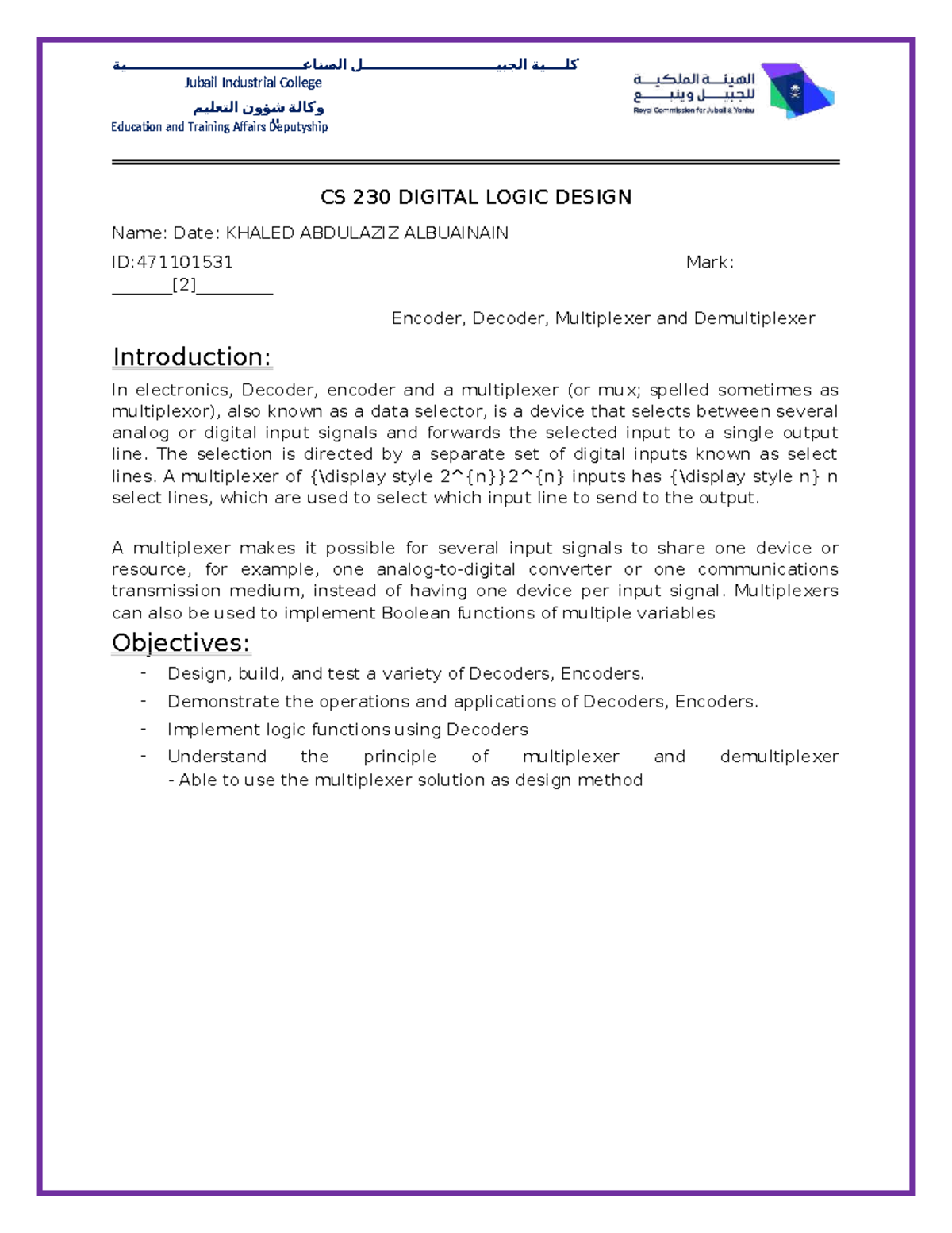 CS 230 Lab 8: Digital Logic Design - Encoders, Decoders, and MUX - Studocu