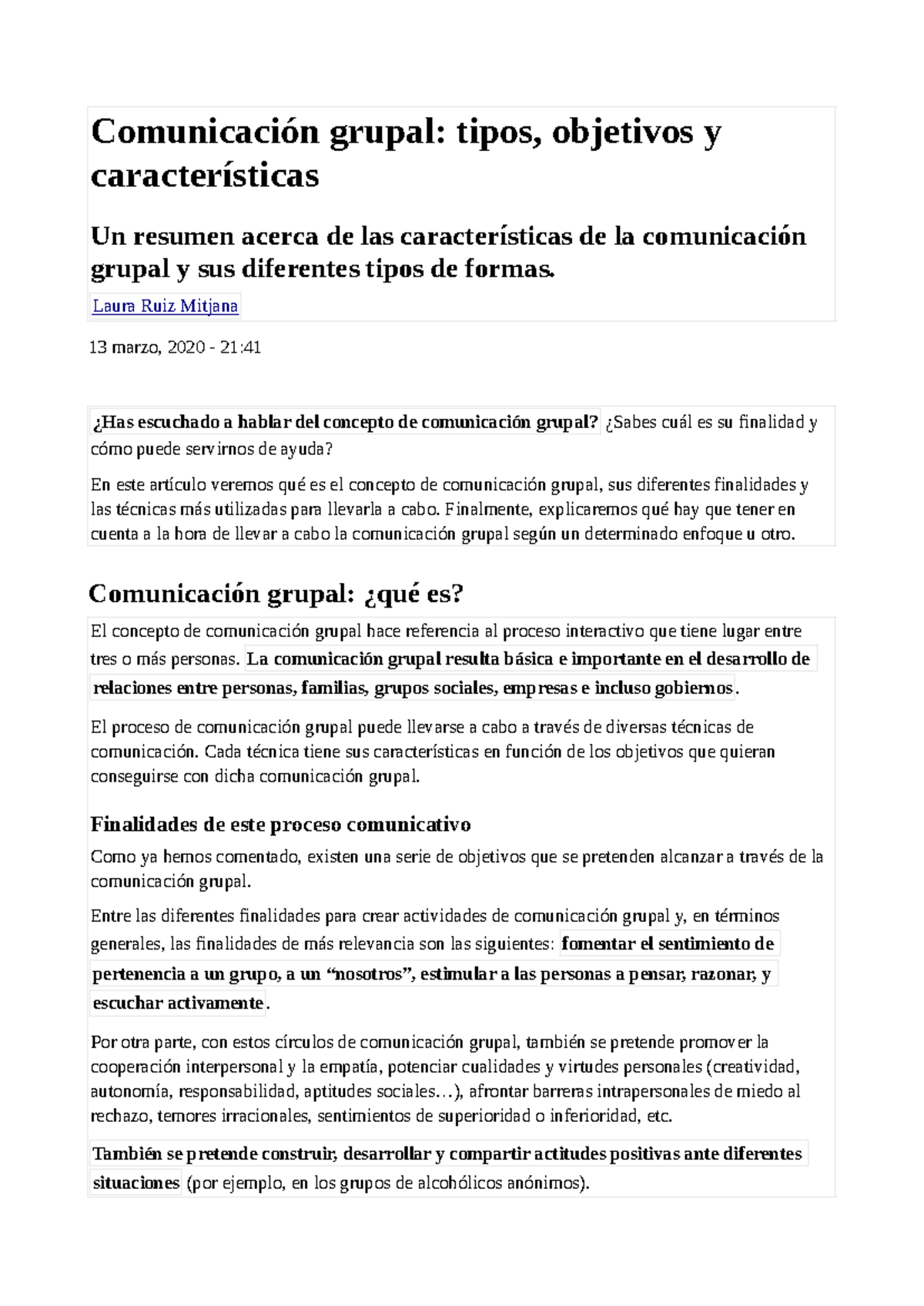 Unidad 4. Comunicación Grupal: Tipos, Objetivos y Técnicas - Studocu