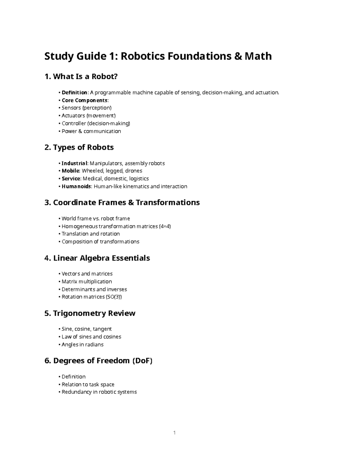 Intro to Robotics - Study Guide 1: Foundations & Math - Studocu