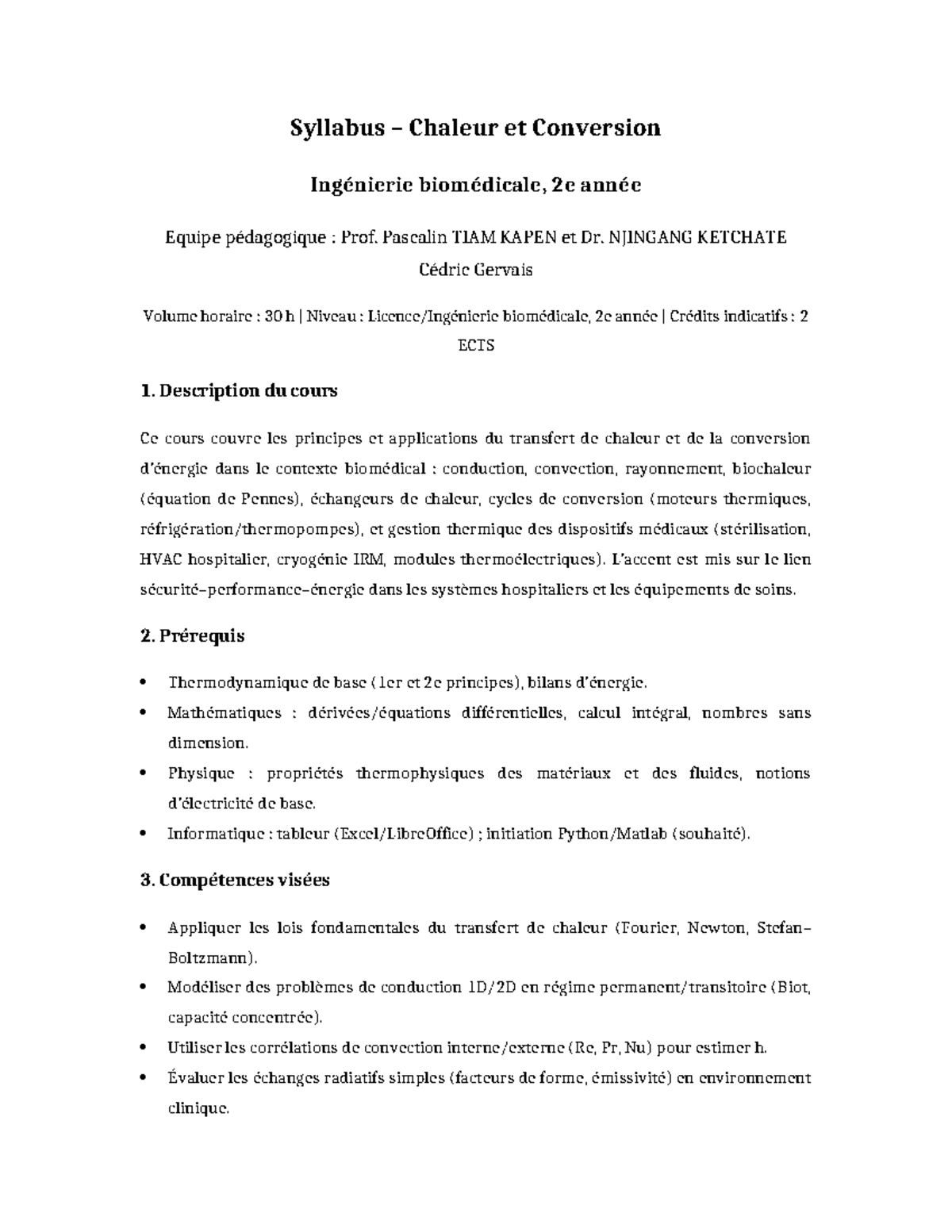 Syllabus Chaleur et Conversion Ingénierie Biomédicale 2A - Studocu