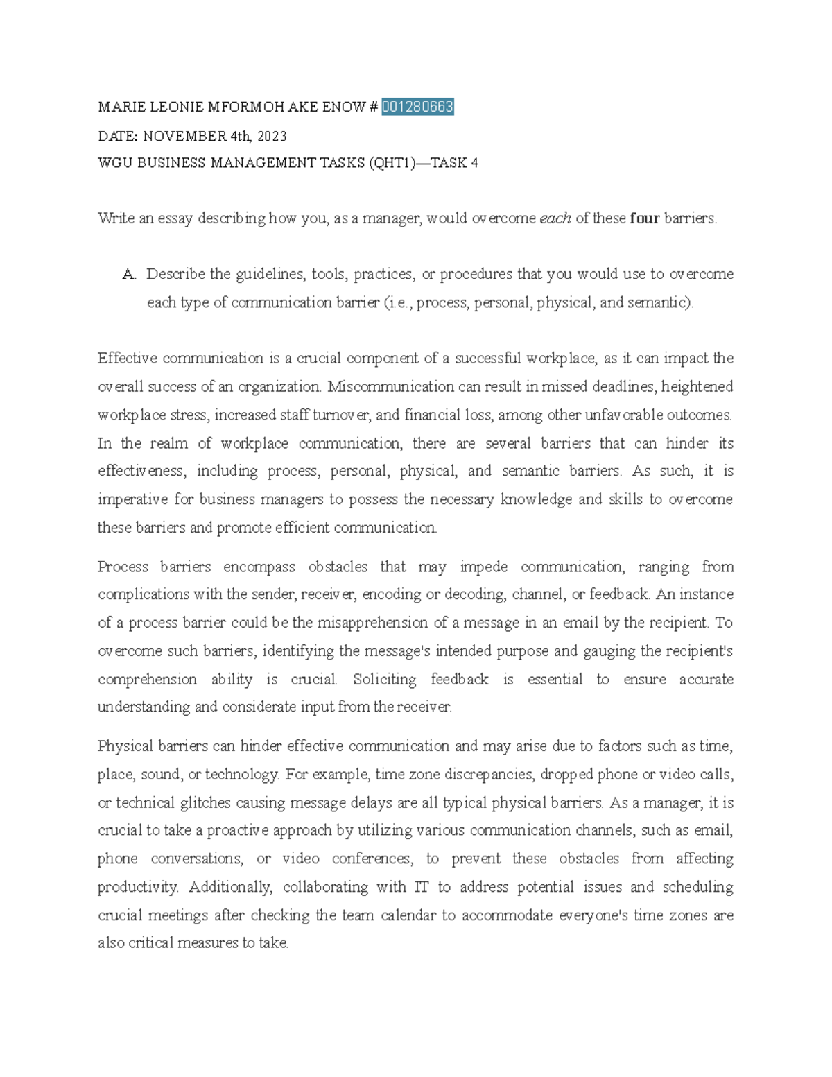 WGU Business Management TASK 4: Overcoming Communication Barriers - Studocu