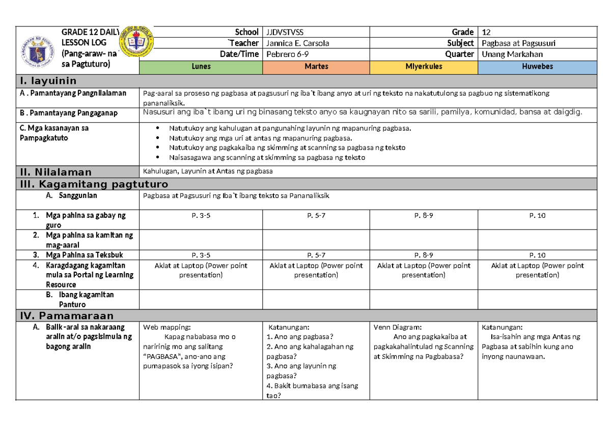 GRADE 12 DLL: Pagbasa at Pagsusuri ng Teksto - Unang Markahan - Studocu