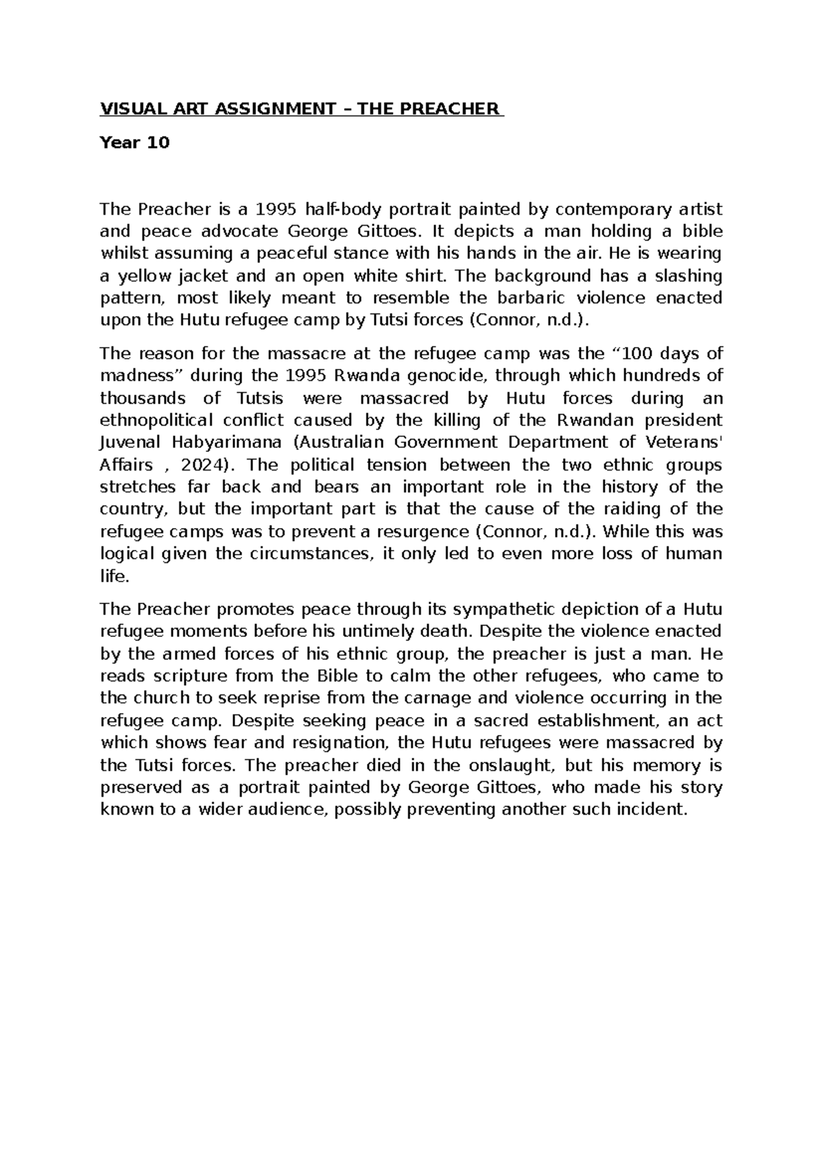 Year 10 Visual Art Assignment: The Preacher by George Gittoes - Studocu