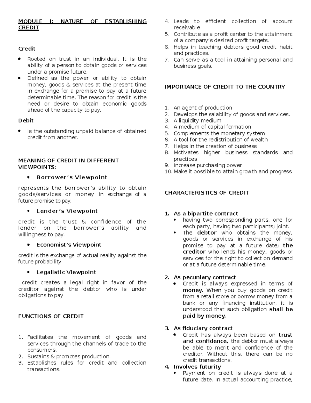 Credit and Collection Module 1 and 2 - MODULE I: NATURE OF ESTABLISHING ...