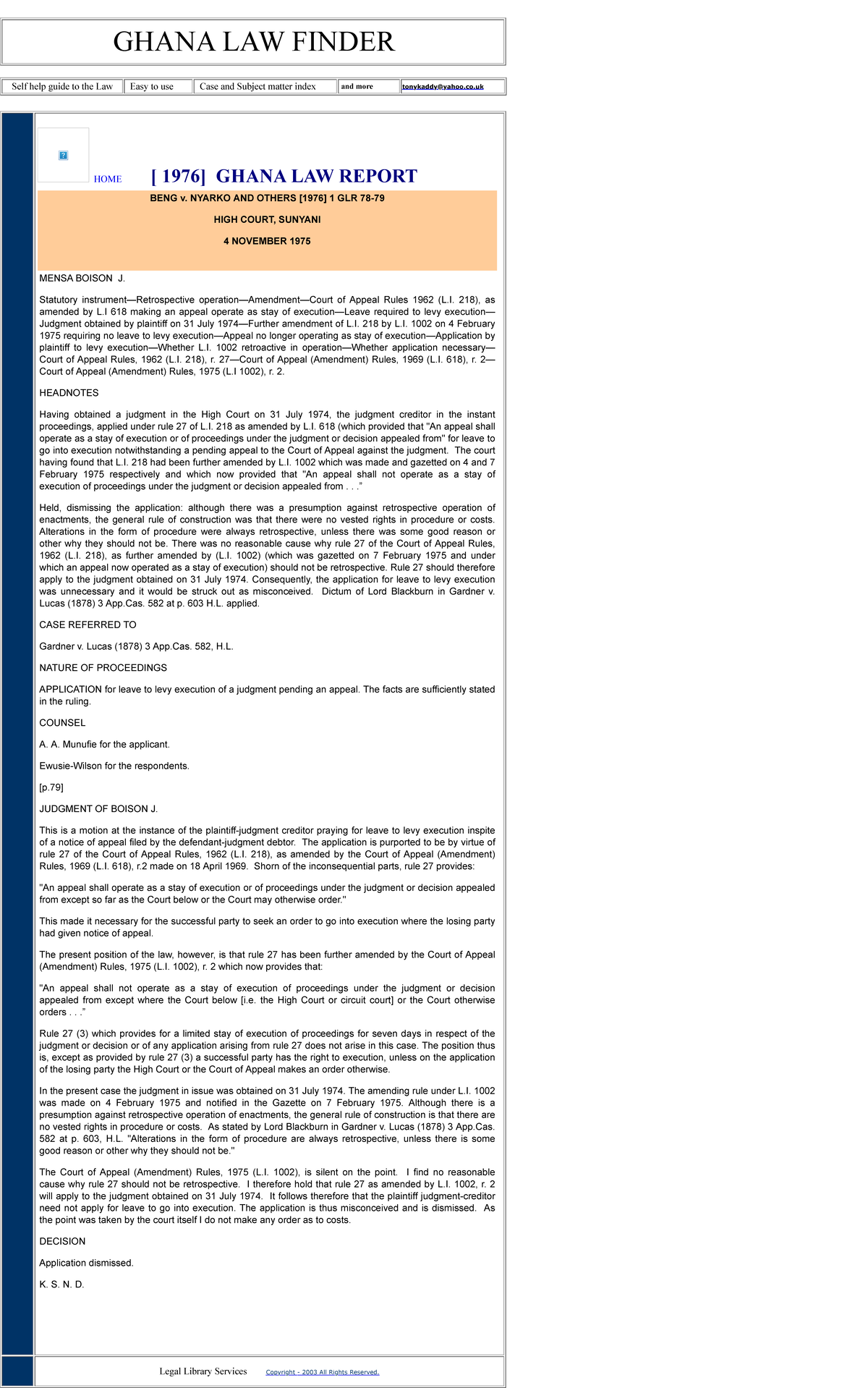 GHANA LAW REPORT: BENG v. NYARKO - High Court Ruling Analysis - Studocu