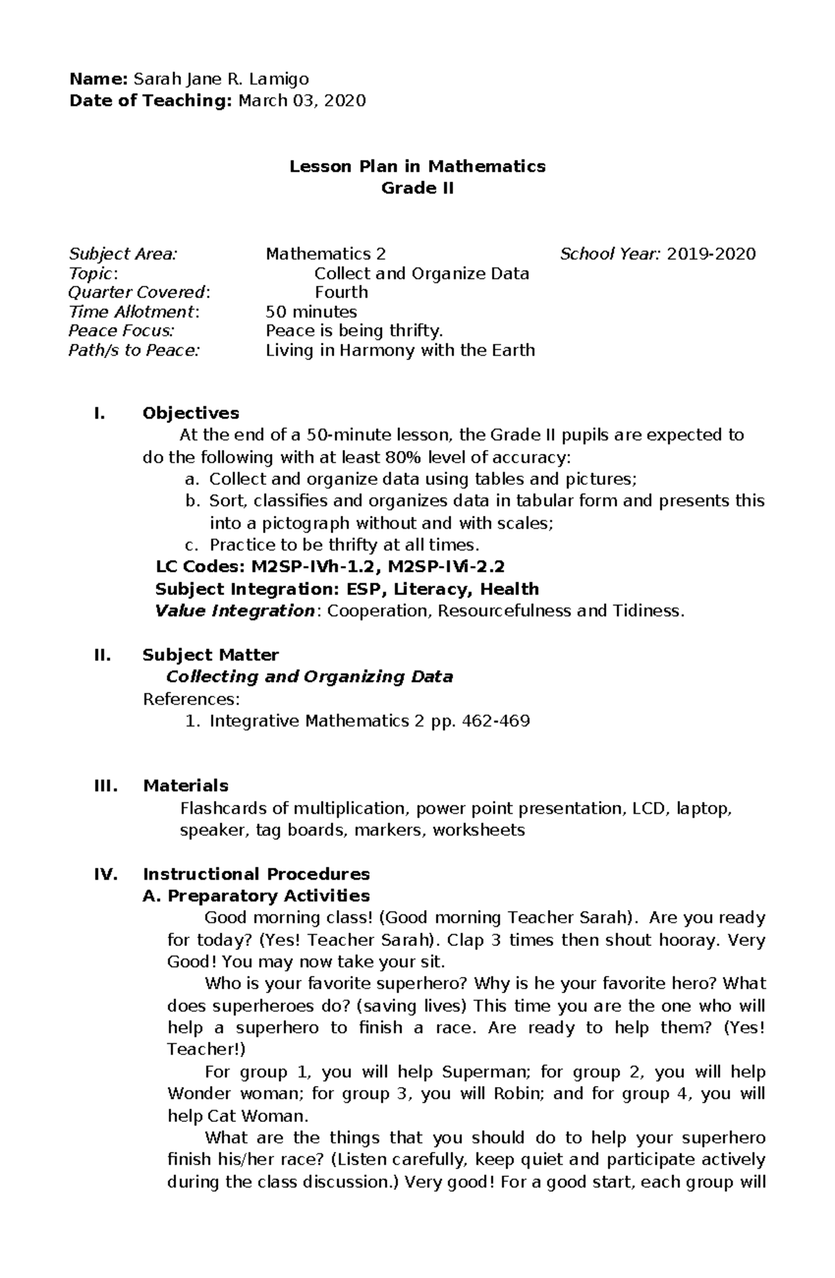 MATH 2 - Lesson Plan: Collecting & Organizing Data for Grade II - Studocu