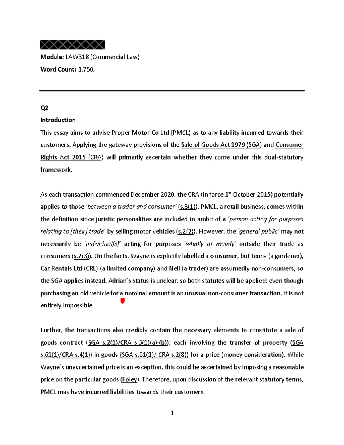 A First Class Example - Module: LAW318 (Commercial Law) Word Count ...