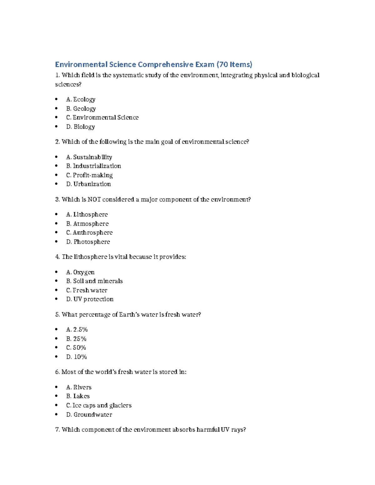 Environmental Science 70-Item Comprehensive Exam Review - Studocu