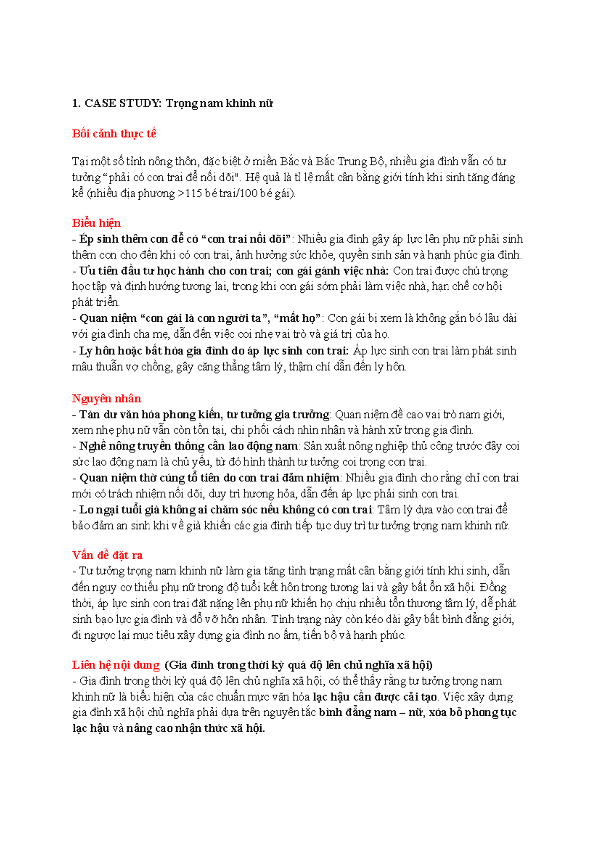 CASE STUDY: Tư tưởng trọng nam khinh nữ và ly hôn tại Việt Nam - Studocu