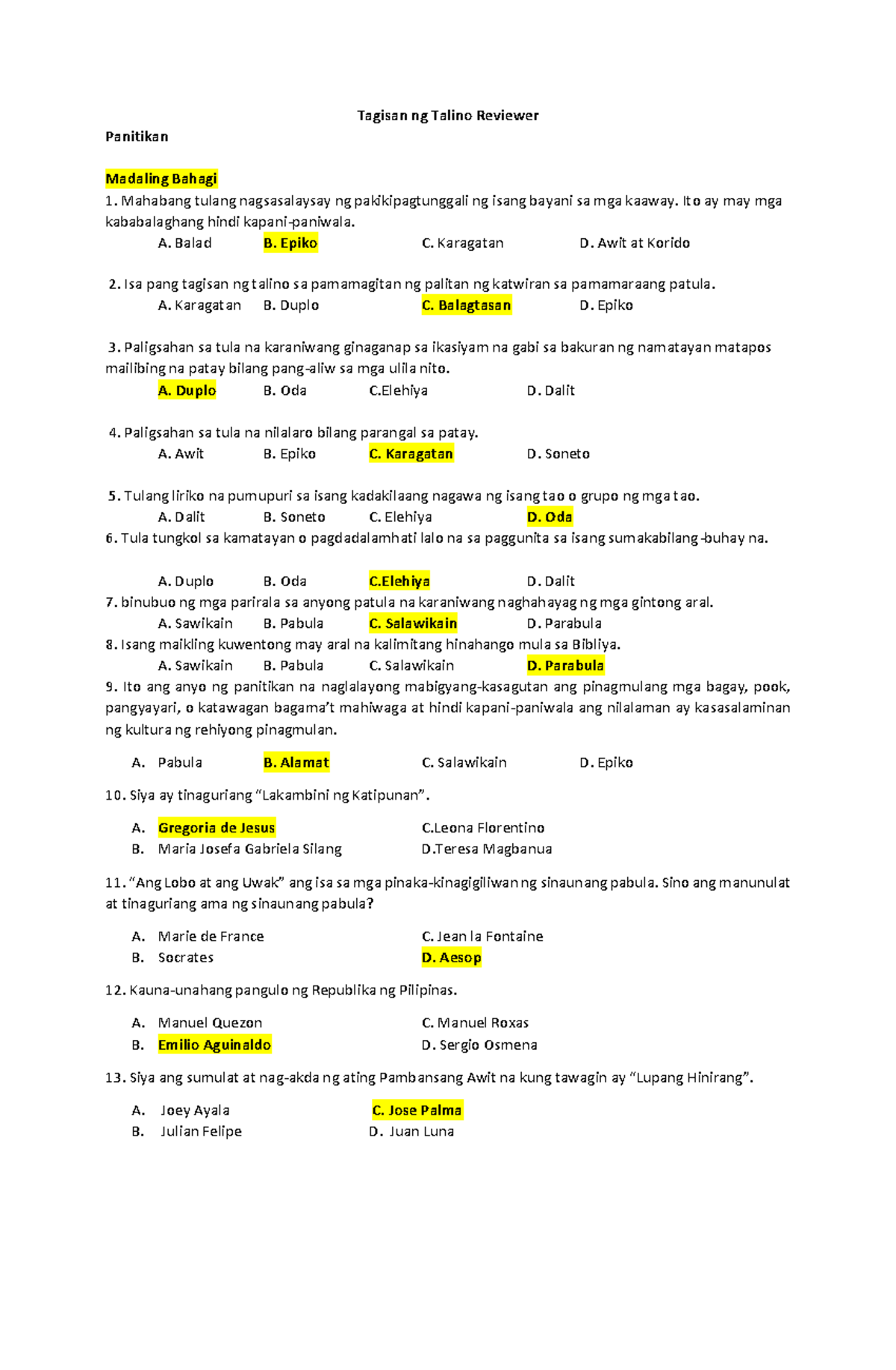 52001 2051 Tagisan Ng Talino Reviewer: Panitikan Review Notes - Studocu