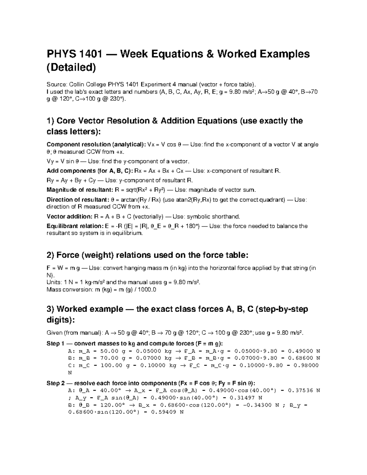 PHYS 1401 Week Equations Worked Examples and Solutions - Studocu