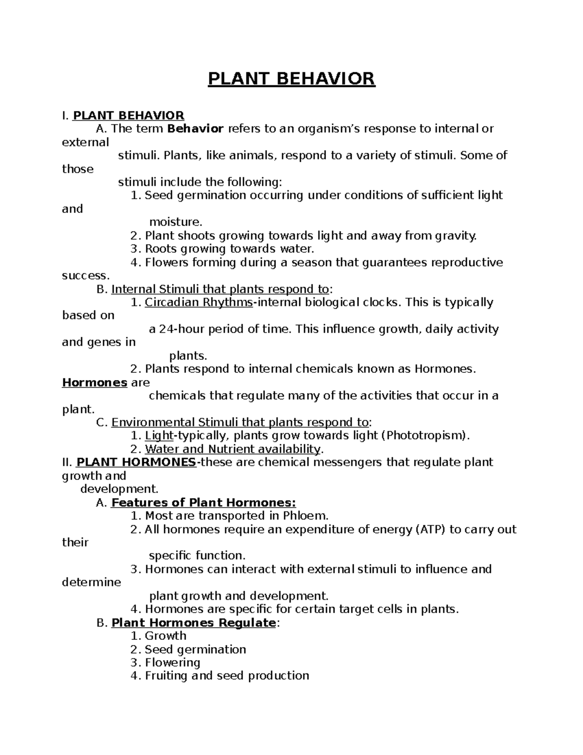 Plant Behavior and Hormonal Responses (BIO 101) - Studocu