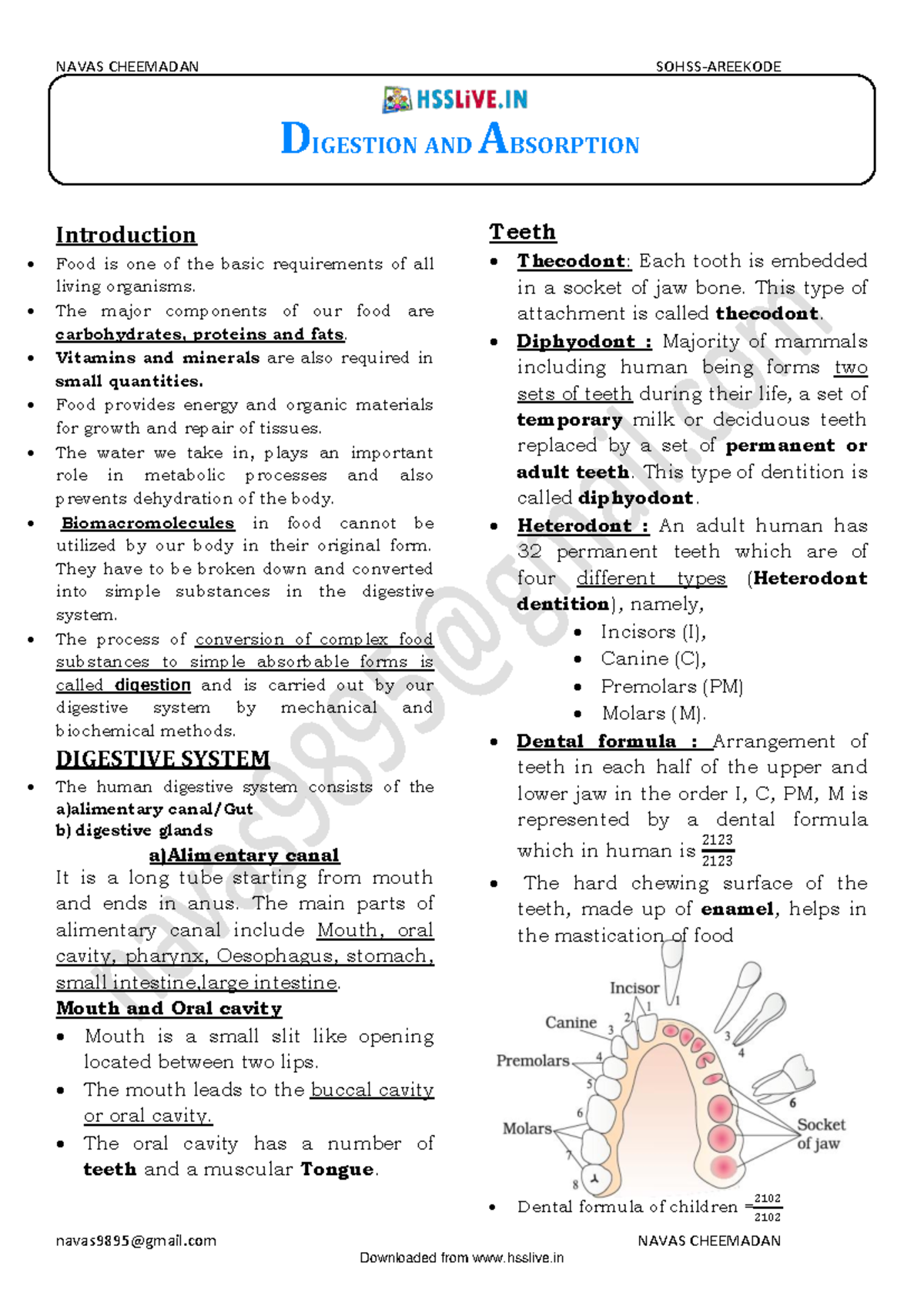 HSSLIVE-XI-Zoology Final Exam: Digestion and Absorption Notes - Studocu