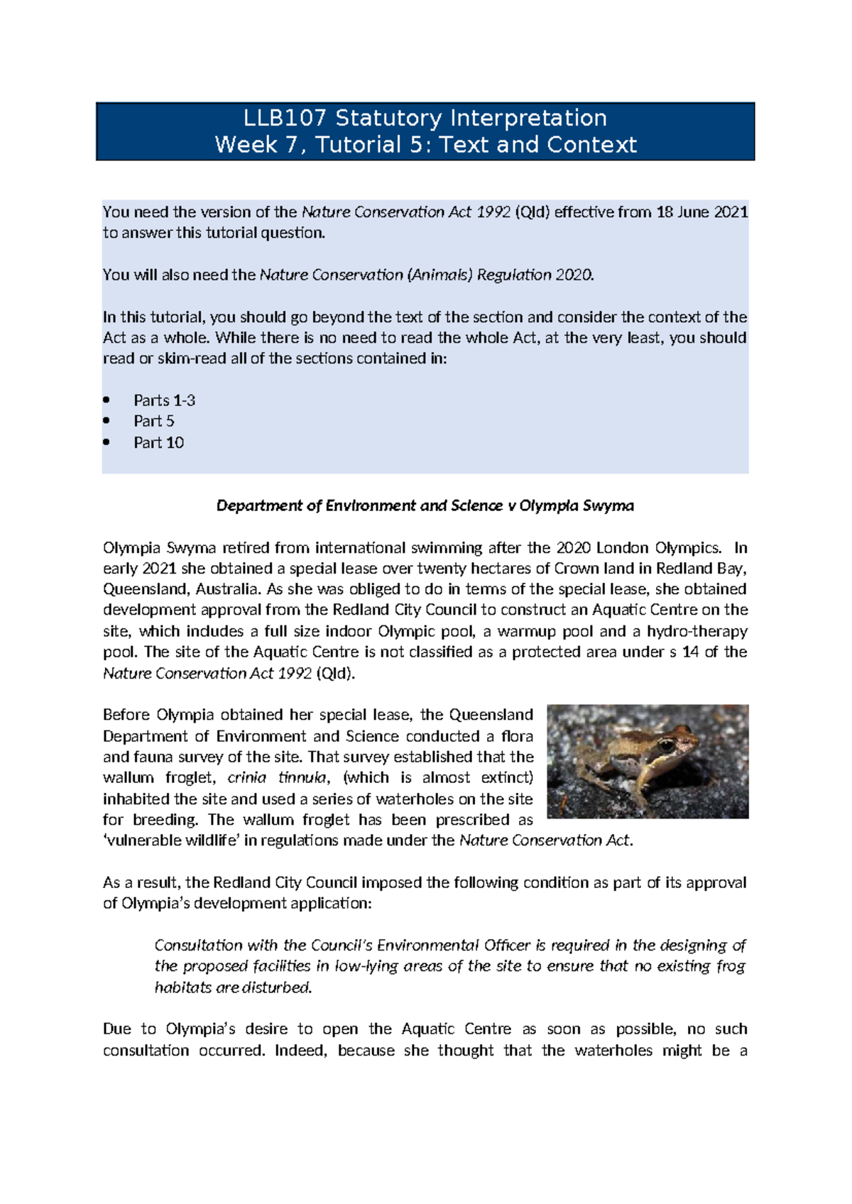 LLB107 Statutory Interpretation Tutorial 5: Nature Conservation Act ...