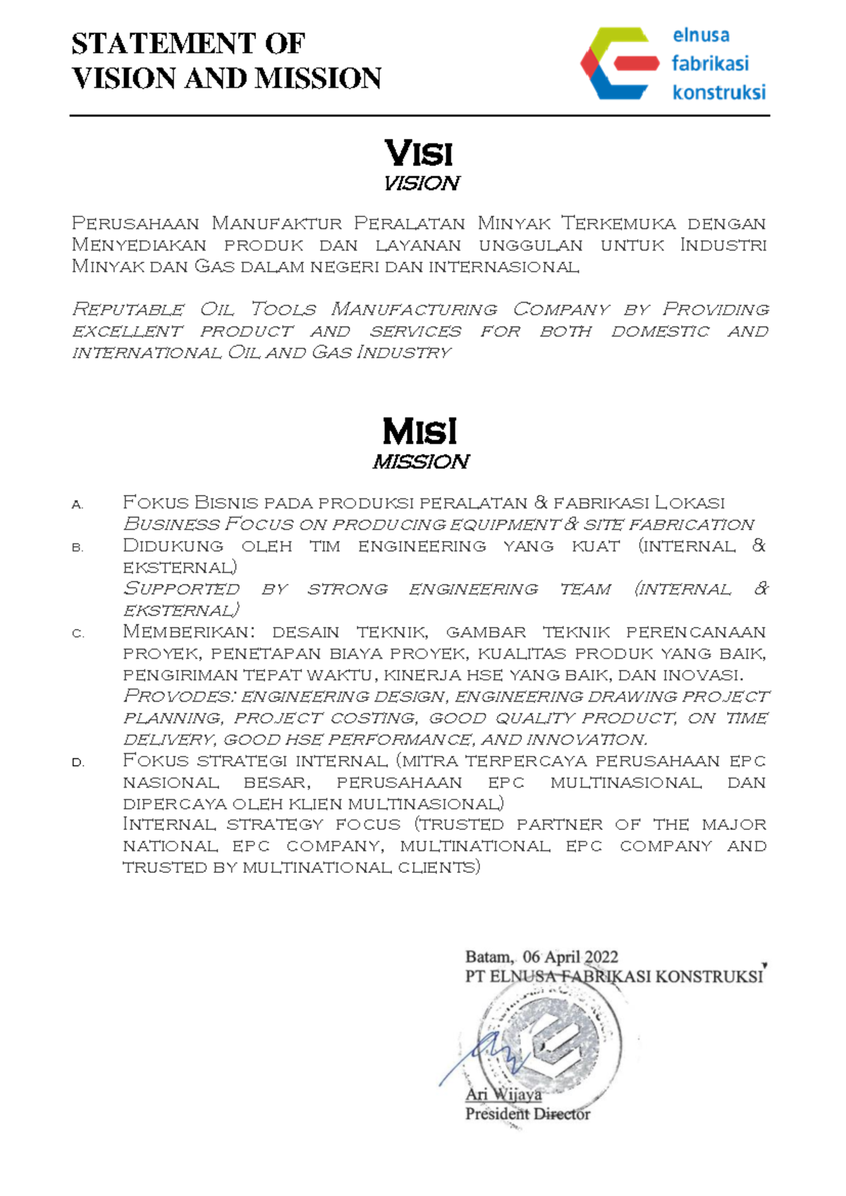 00. Vision and Mission Statement for Oil Tools Manufacturing Company ...