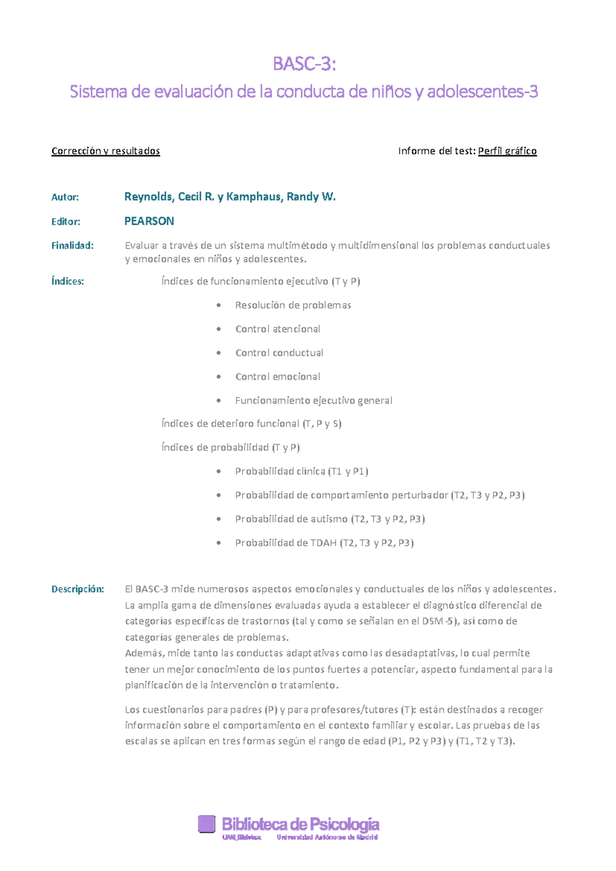 BASC-3: Evaluación Conductual y Emocional en Niños y Adolescentes - Studocu