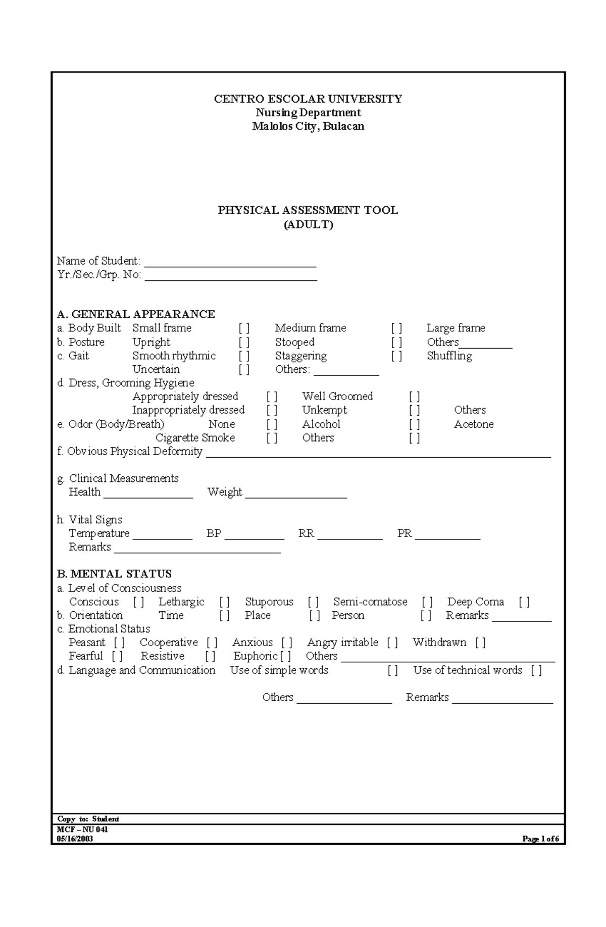 MCF – NU 041: Physical Assessment Tool for Adult Nursing Students - Studocu
