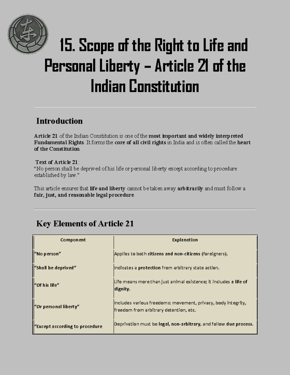 15. Scope of the Right to Life & Personal Liberty under Article 21 ...
